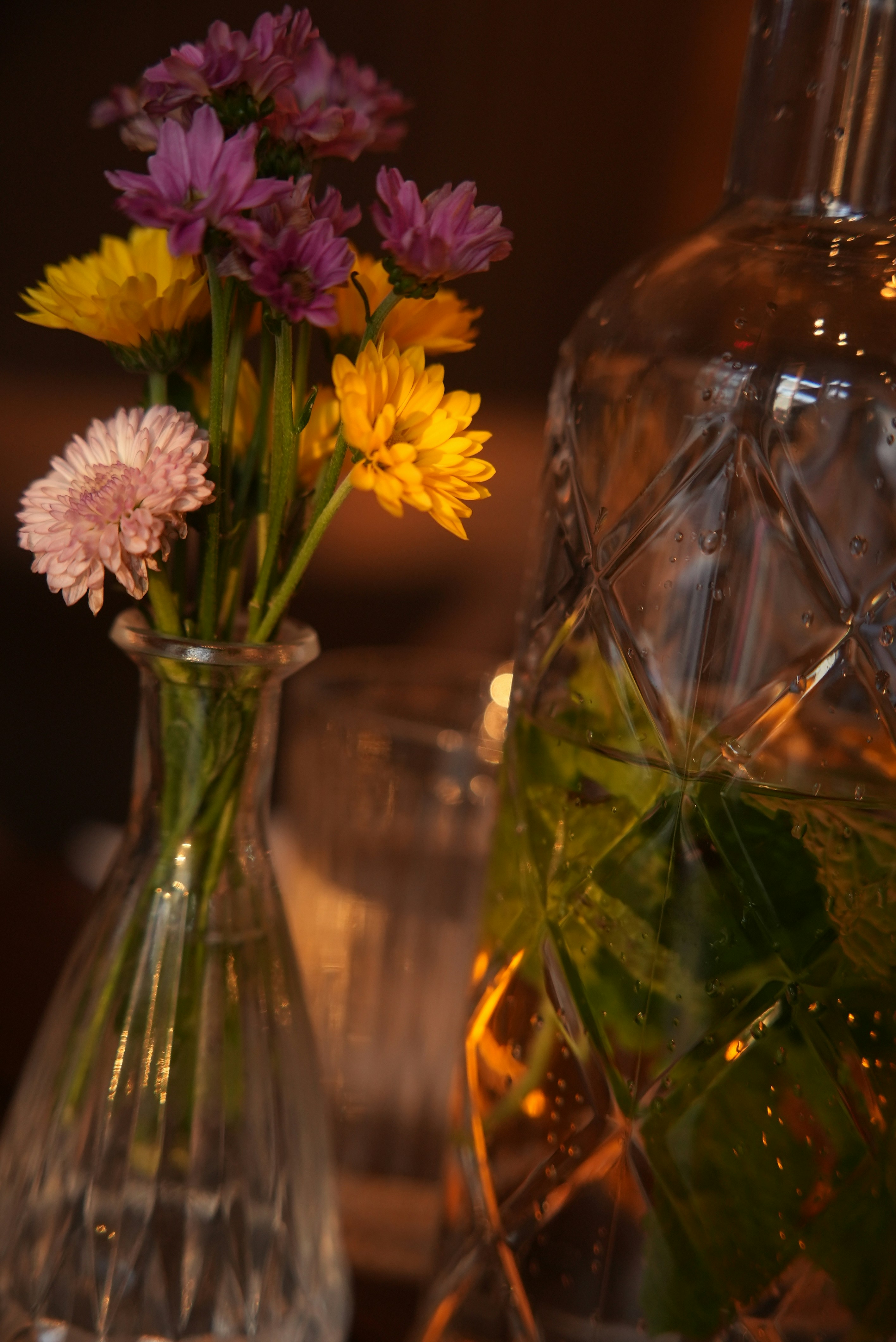 Vibrant Bouquets and Diamond Glass: An Intimate Still Life