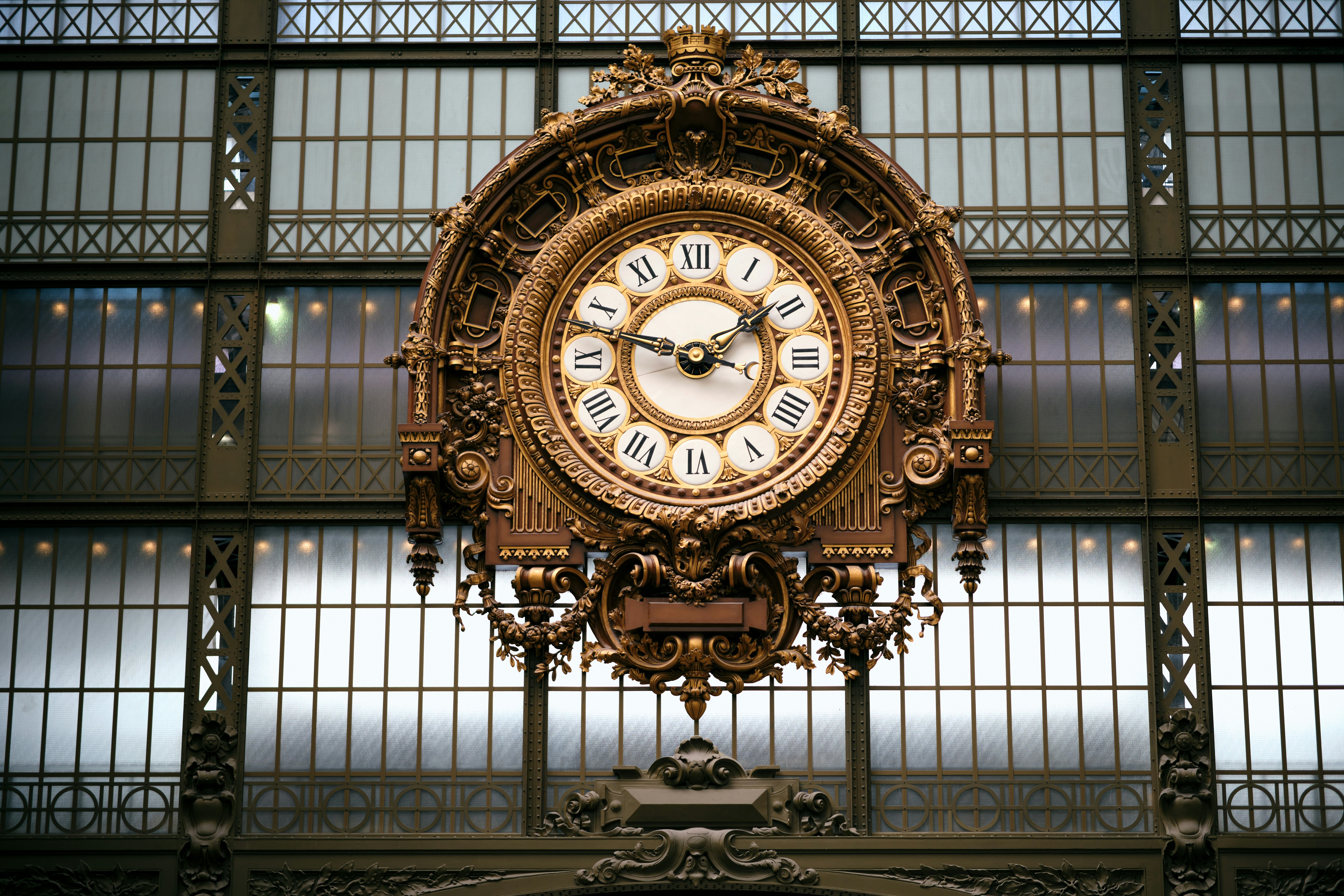 Ornate Timekeeper: The Great Clock of a Glass Hall