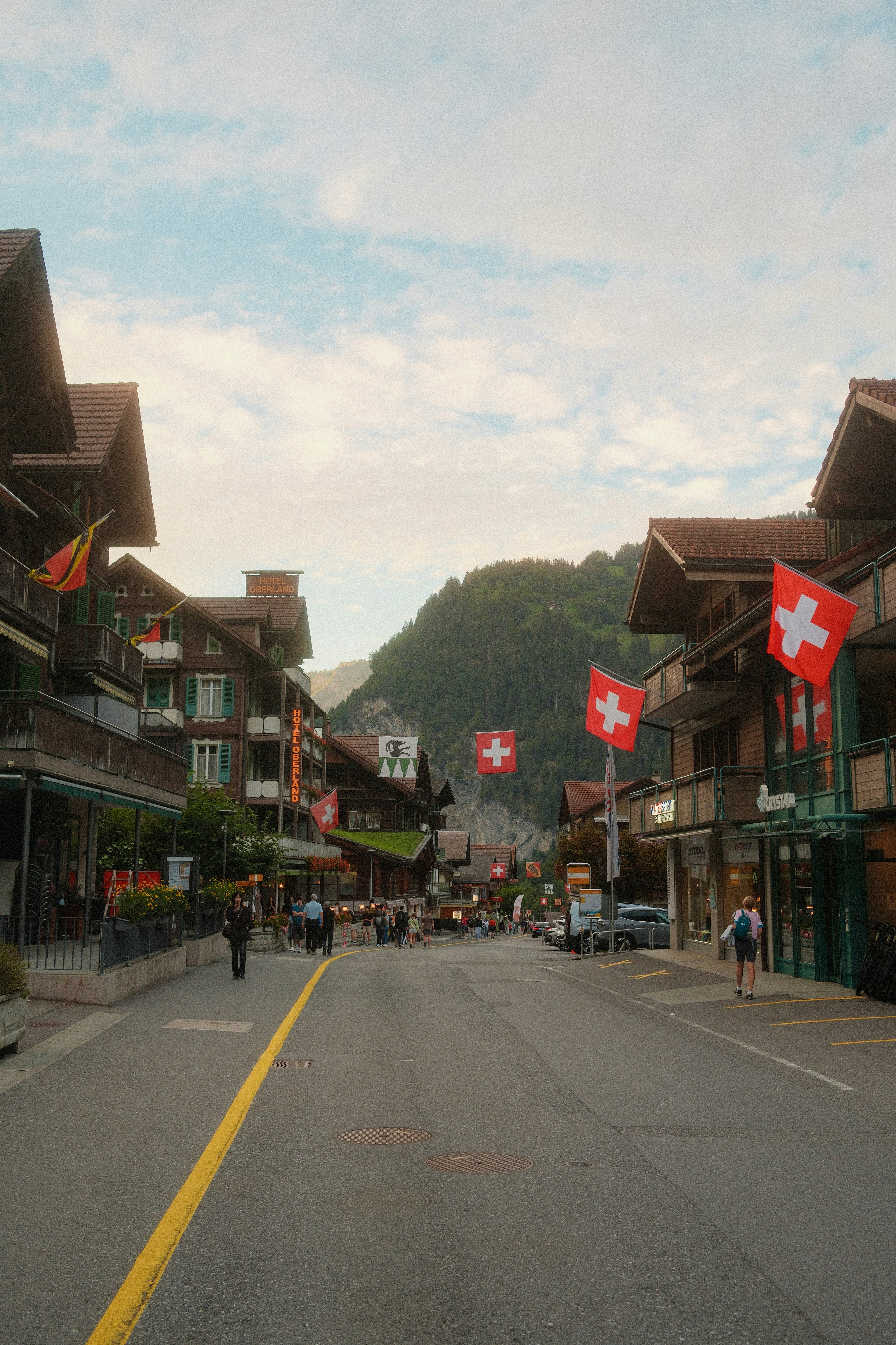 Swiss Flags Along a Mountain Village Street
