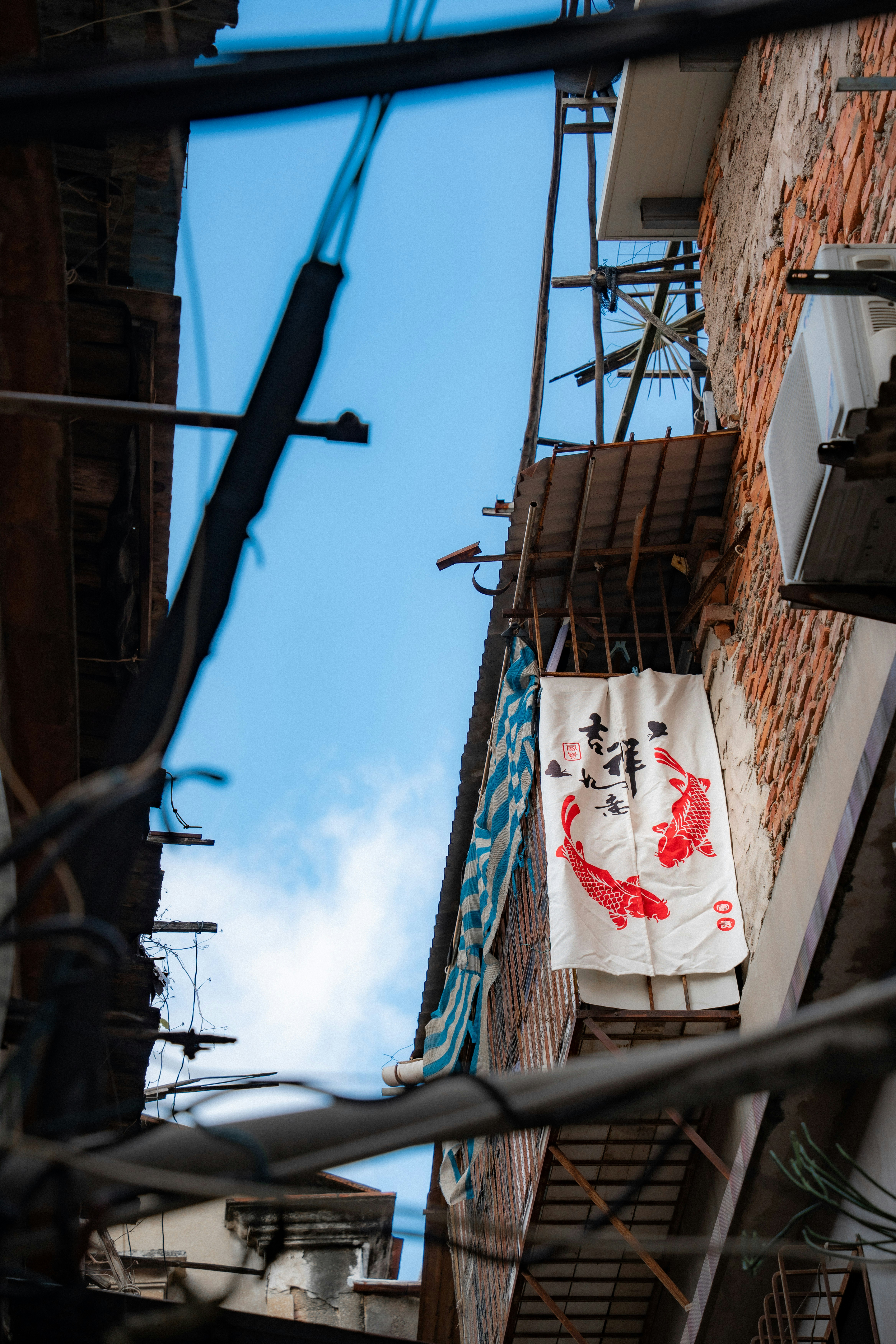 Clothesline Dragon: Red Fish Flag Amid Brick Alley