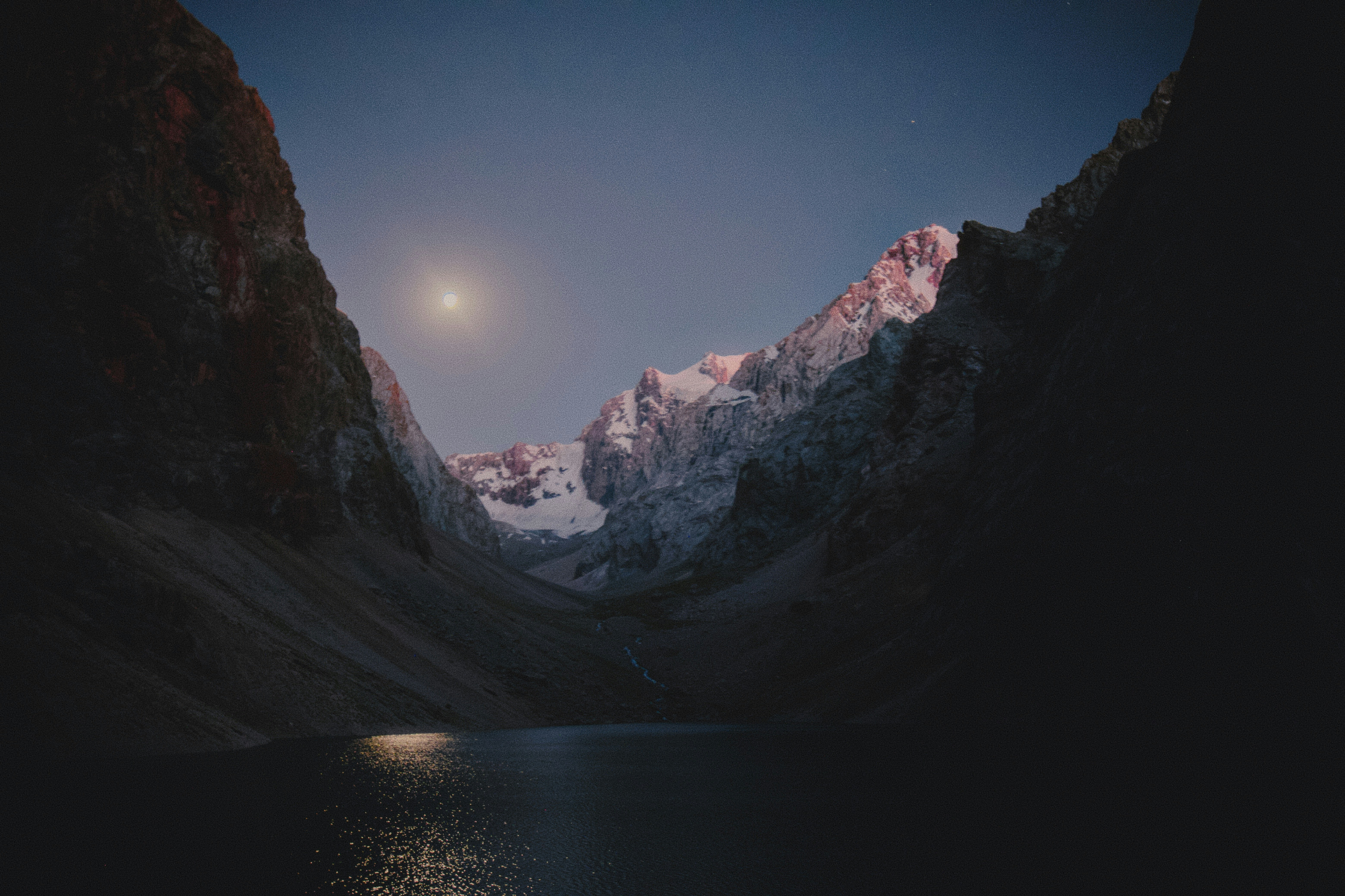 Moonlit Valley: Snow-Capped Peaks Reflected in Silent Alpine Lake