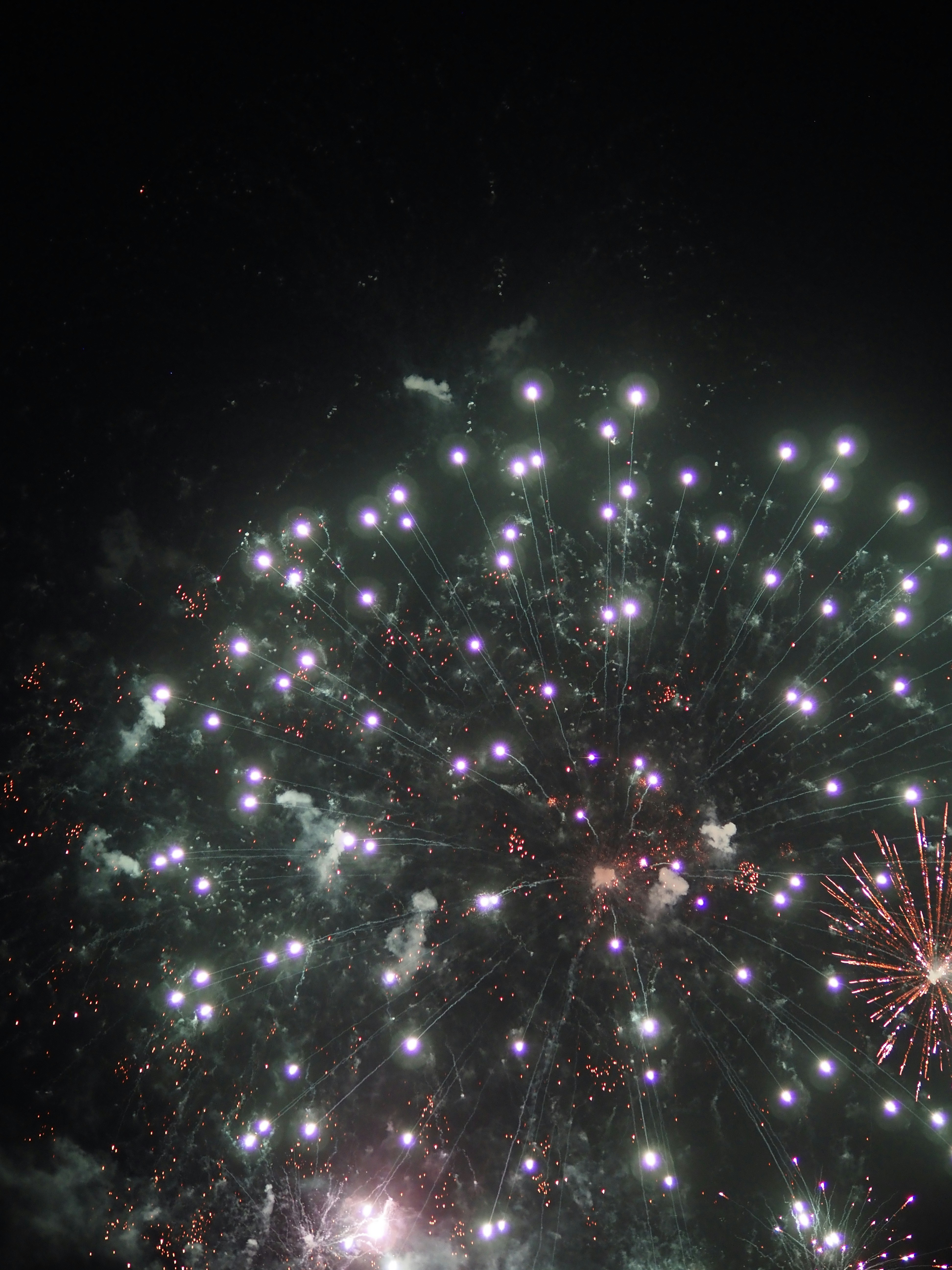 Bright violet firework bloom exploding across a dark sky with trailing sparks and wisps of smoke. The composition captures multiple bursts at varying radii, emphasizing the central halo of light. This is a photograph, not artwork or illustration.
