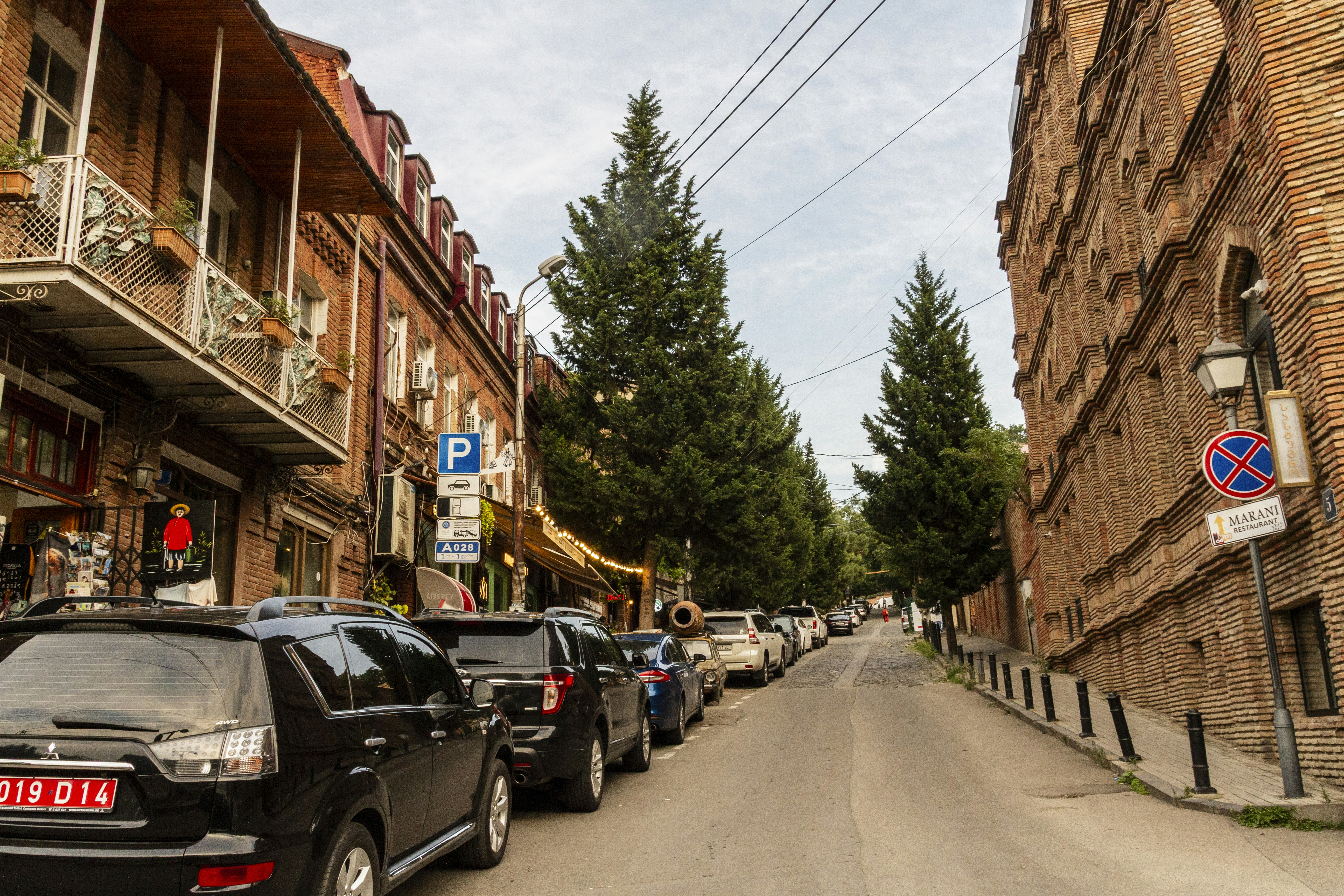 Cobbled Street Vista: Cars, Concierges, and a Verdant Arc