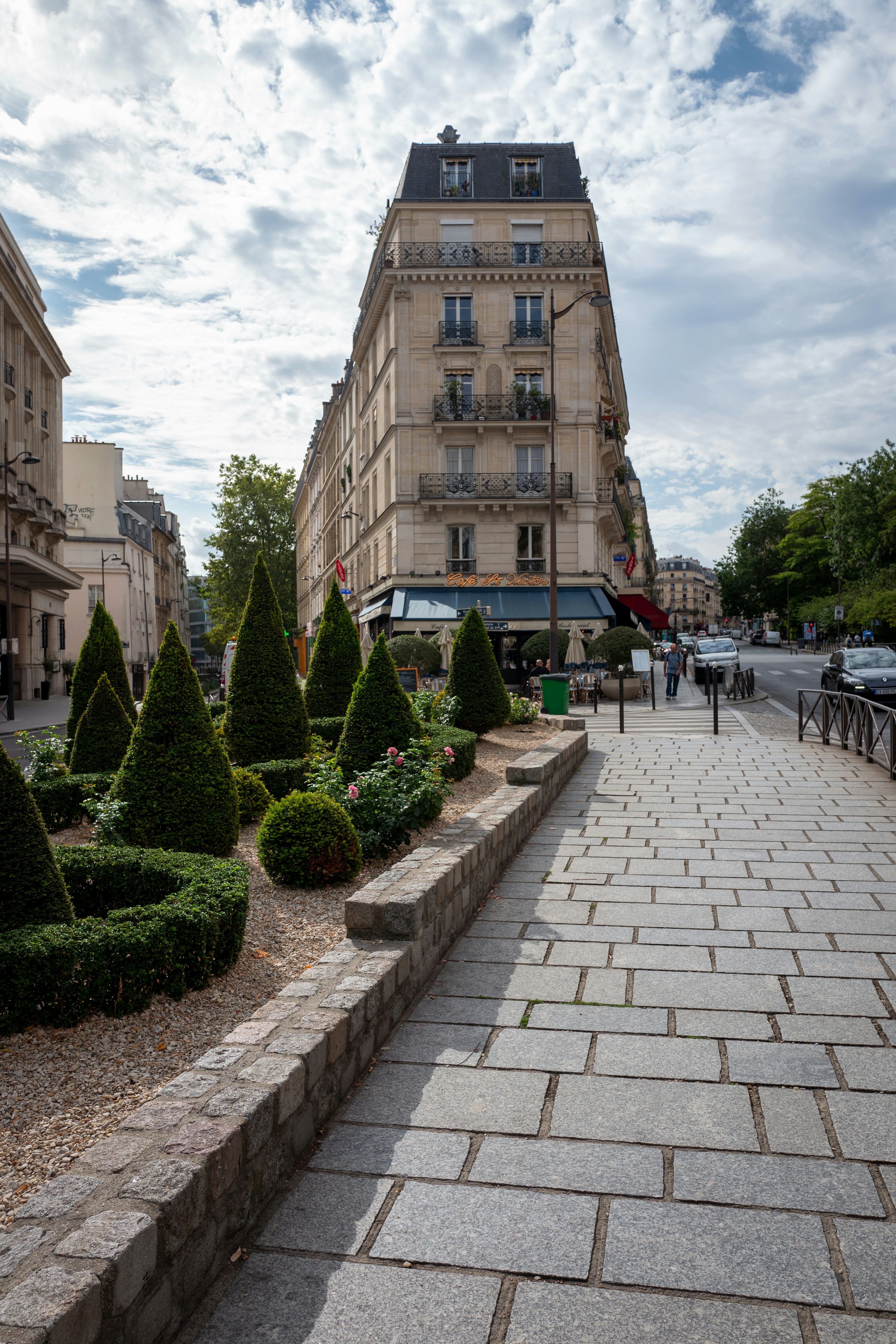 Parisian Avenue: A Stately Corner Shop Framed by Pruned Conifers