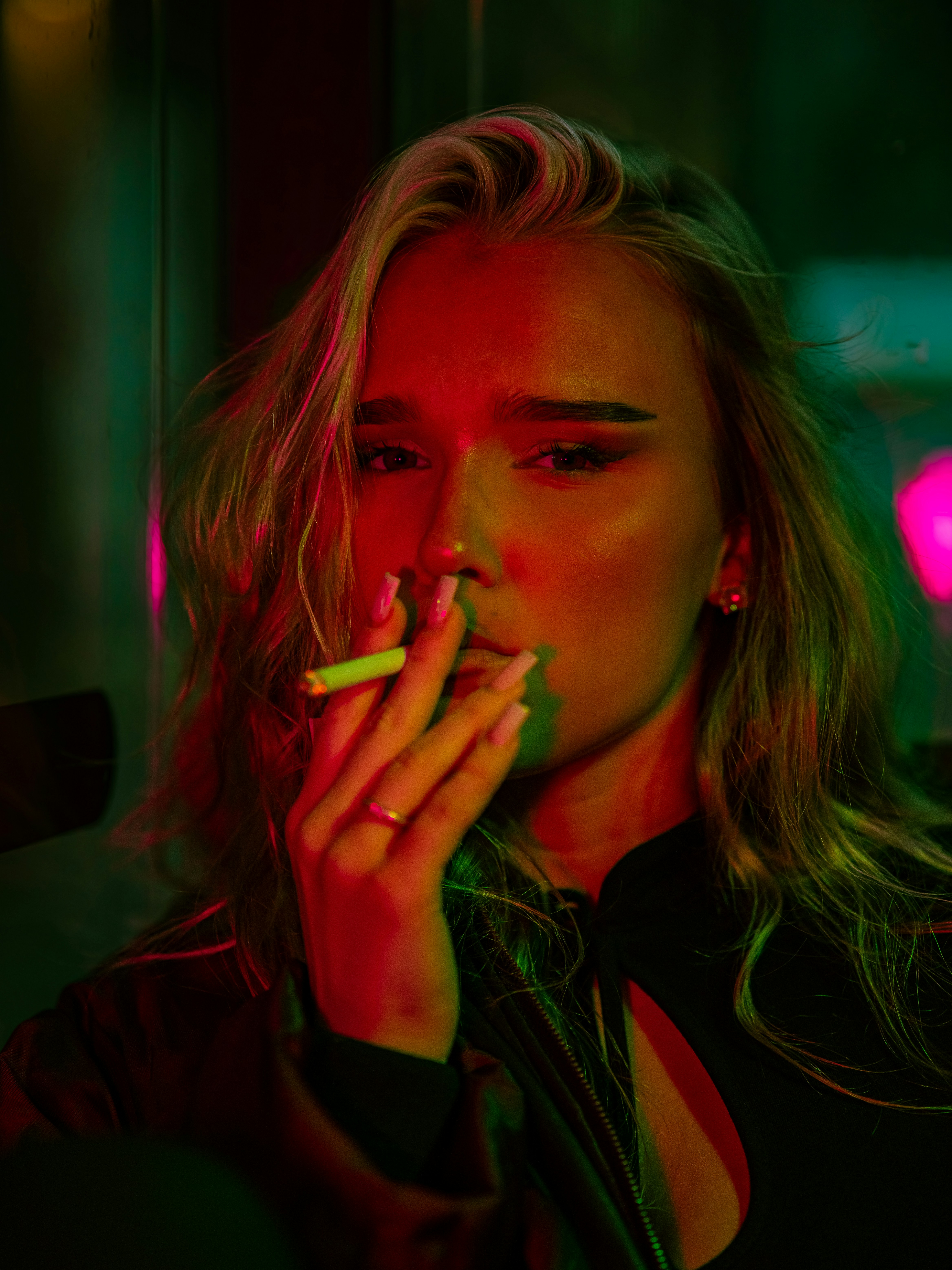 Neon Veil: A Cigarette Whisper in Red and Green