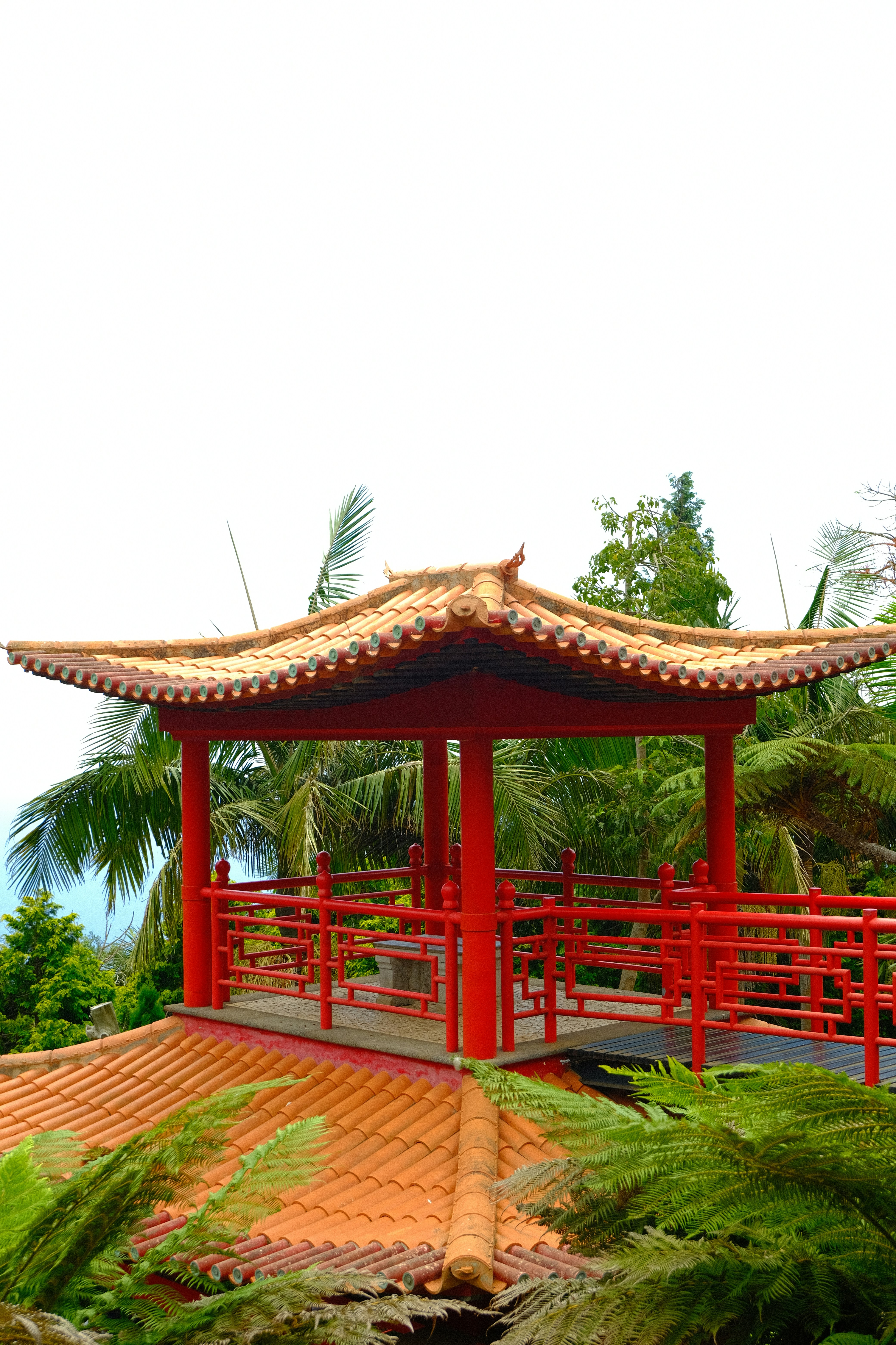 Red Pavilion Overlooking Lush Terrace in Tropical Garden