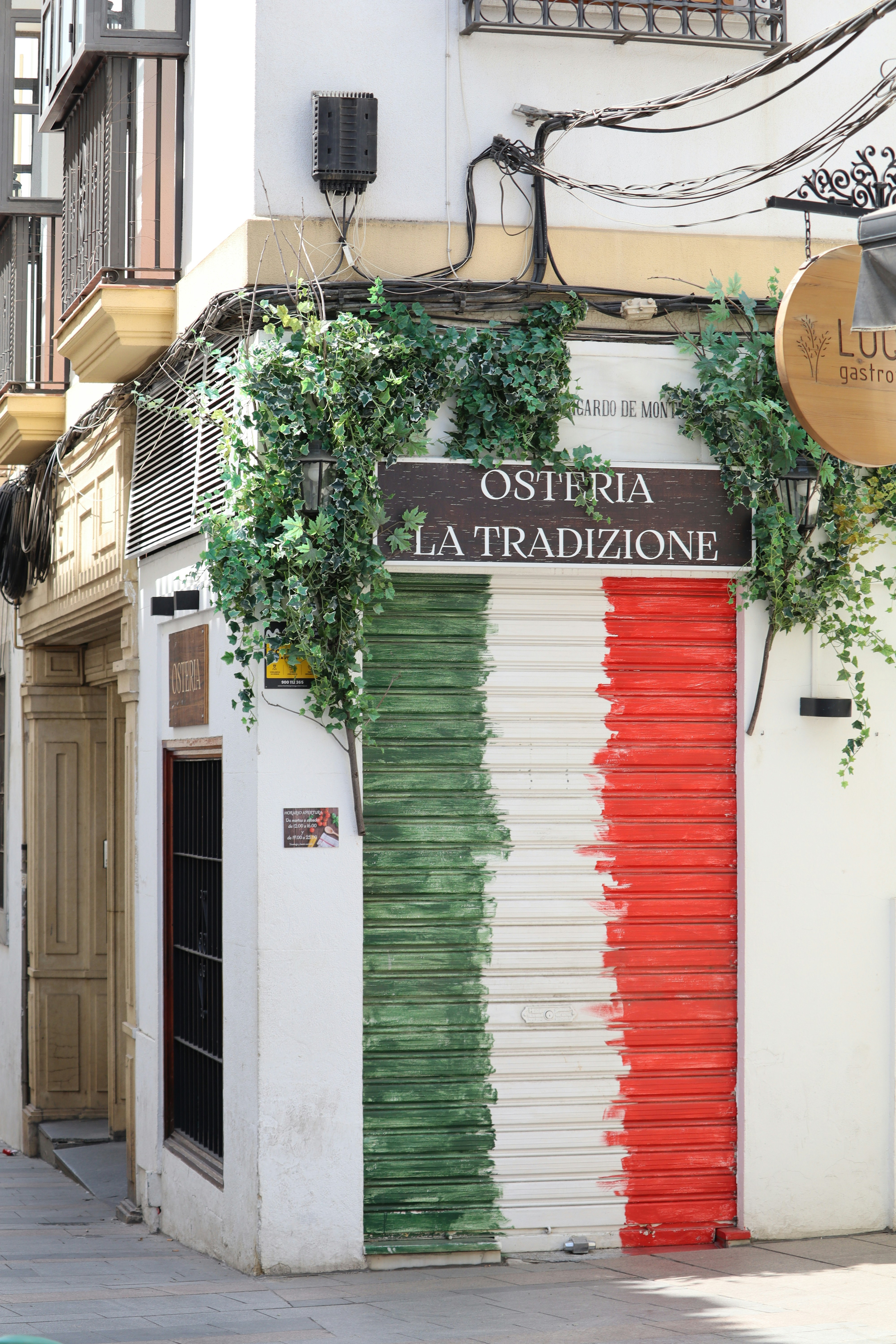 Italian Streetfront: Green-White-Red Door Shutter Under Ivy Signage