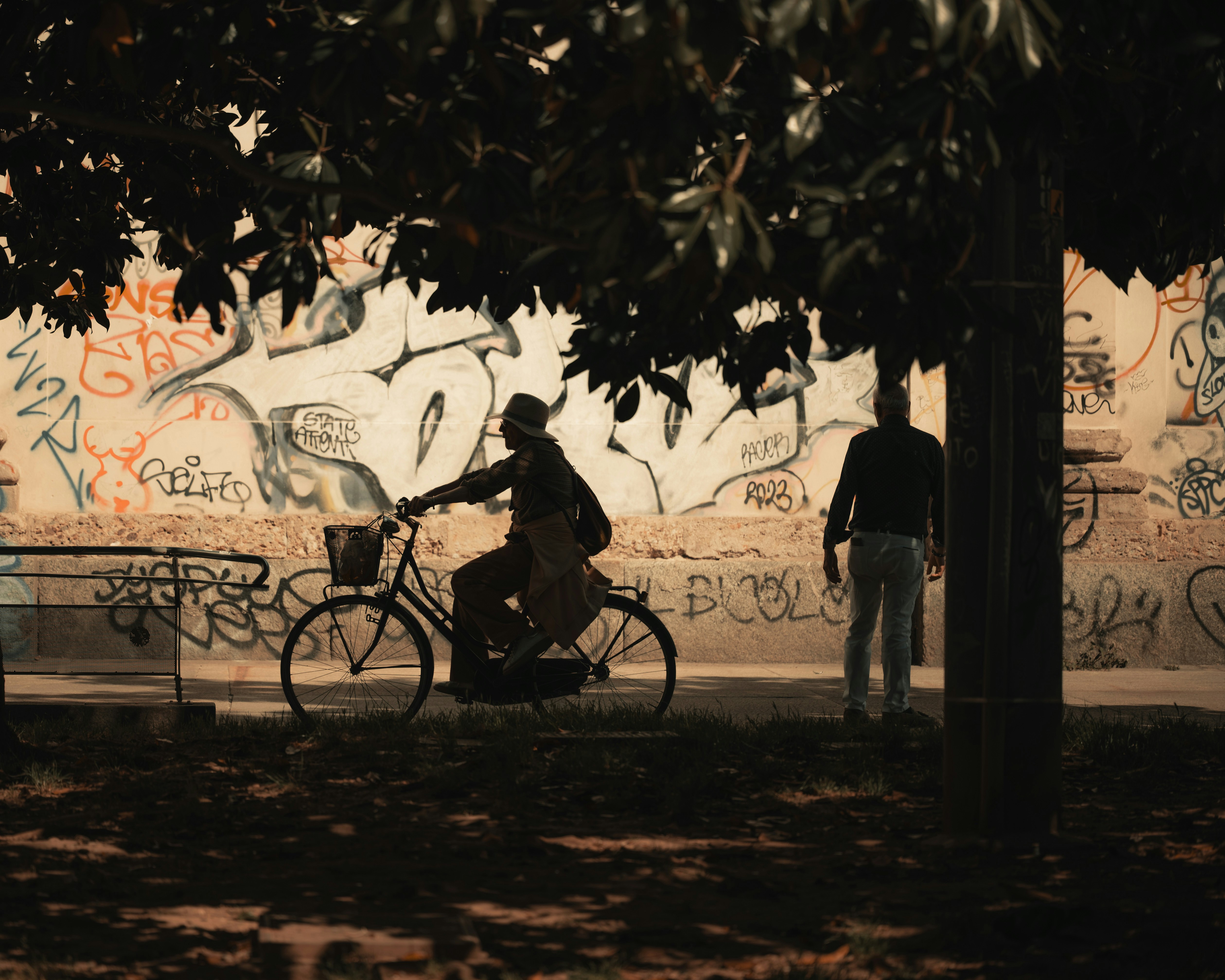 Shadowed Street Walk: A Quiet Encounter Beneath Graffitied Concrete