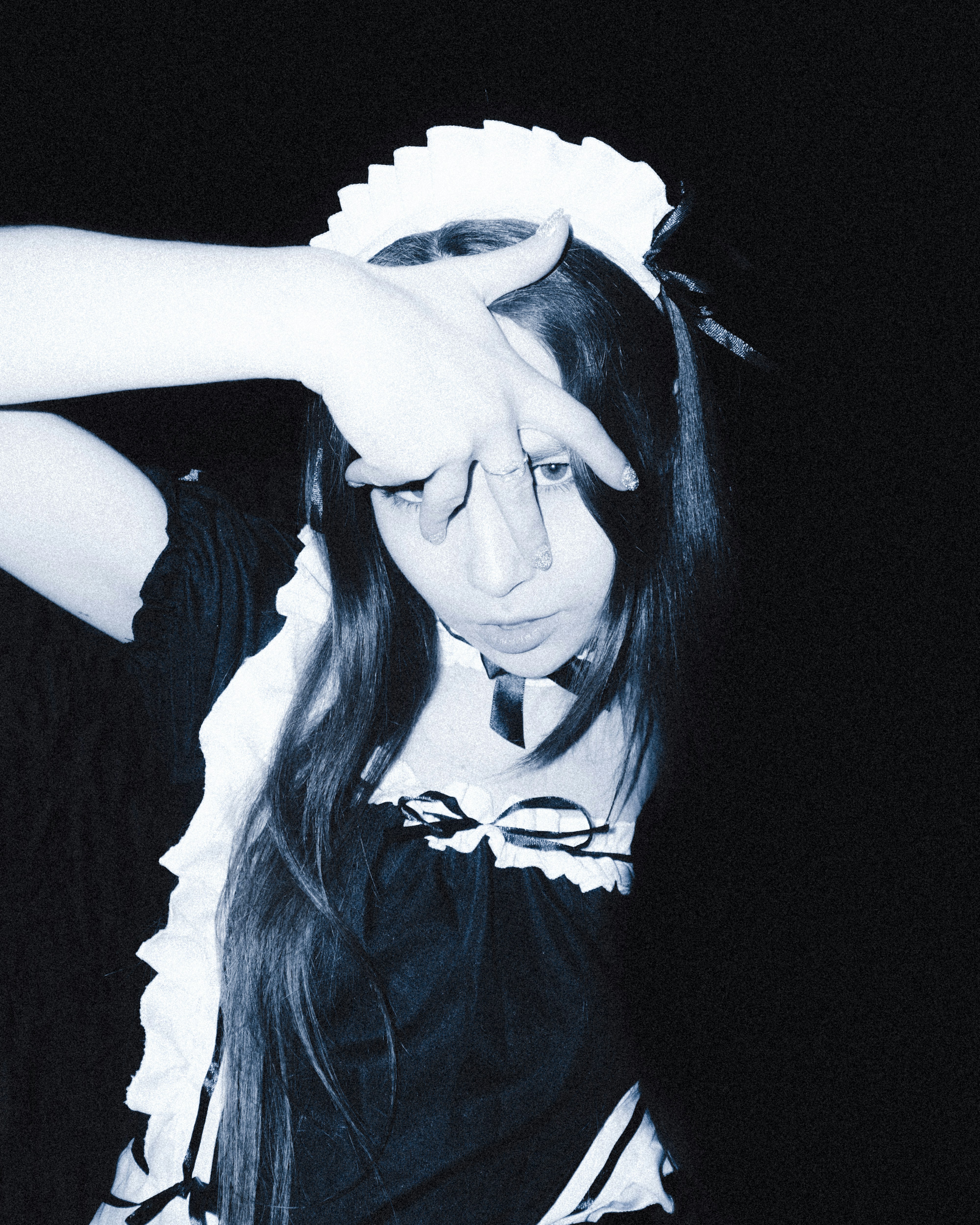 Midnight Maid: A Ghostly Gaze in Blue-Tinted Noir