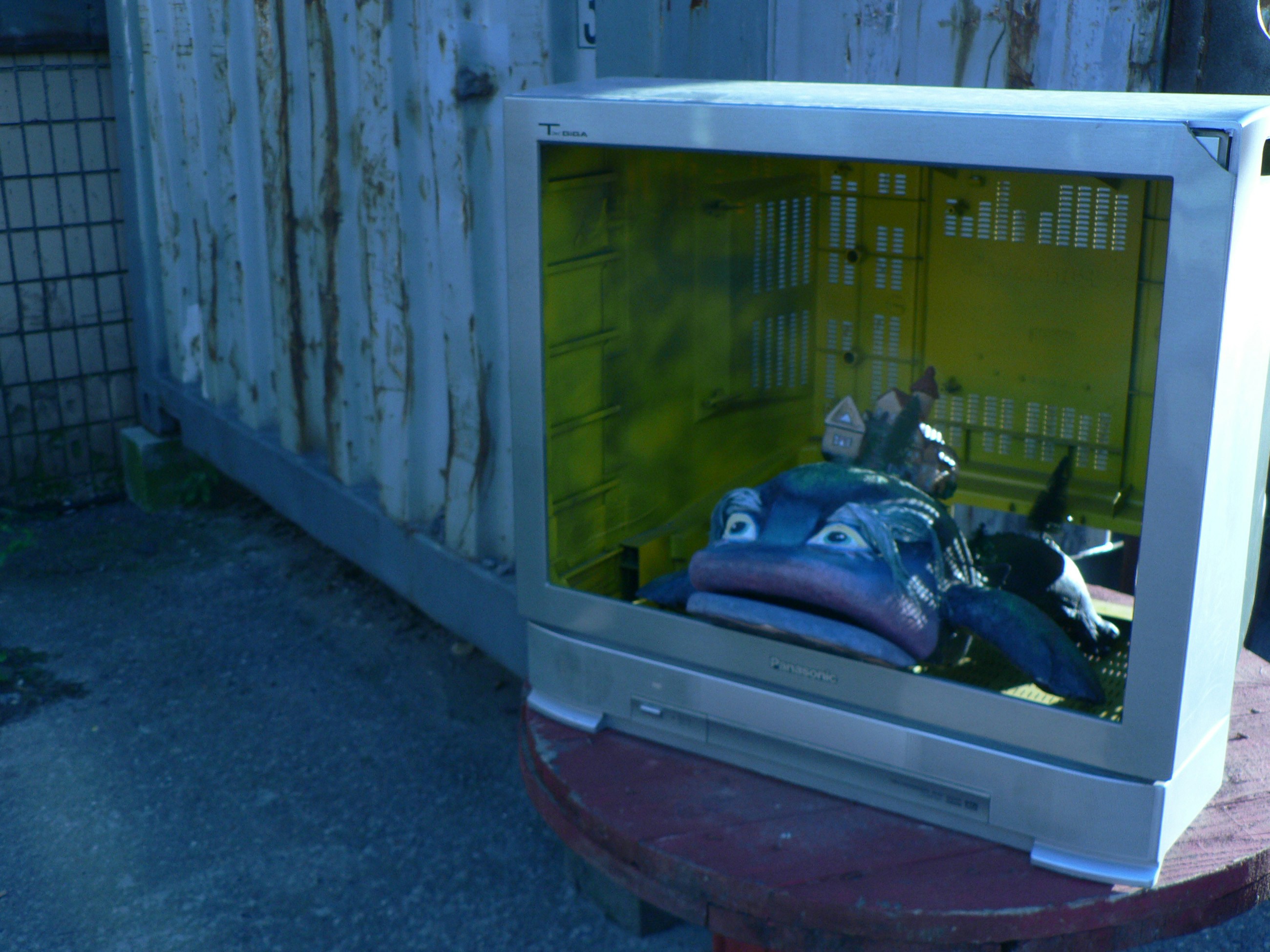 Old CRT Box with Plush Toy Inside a Weathered Container