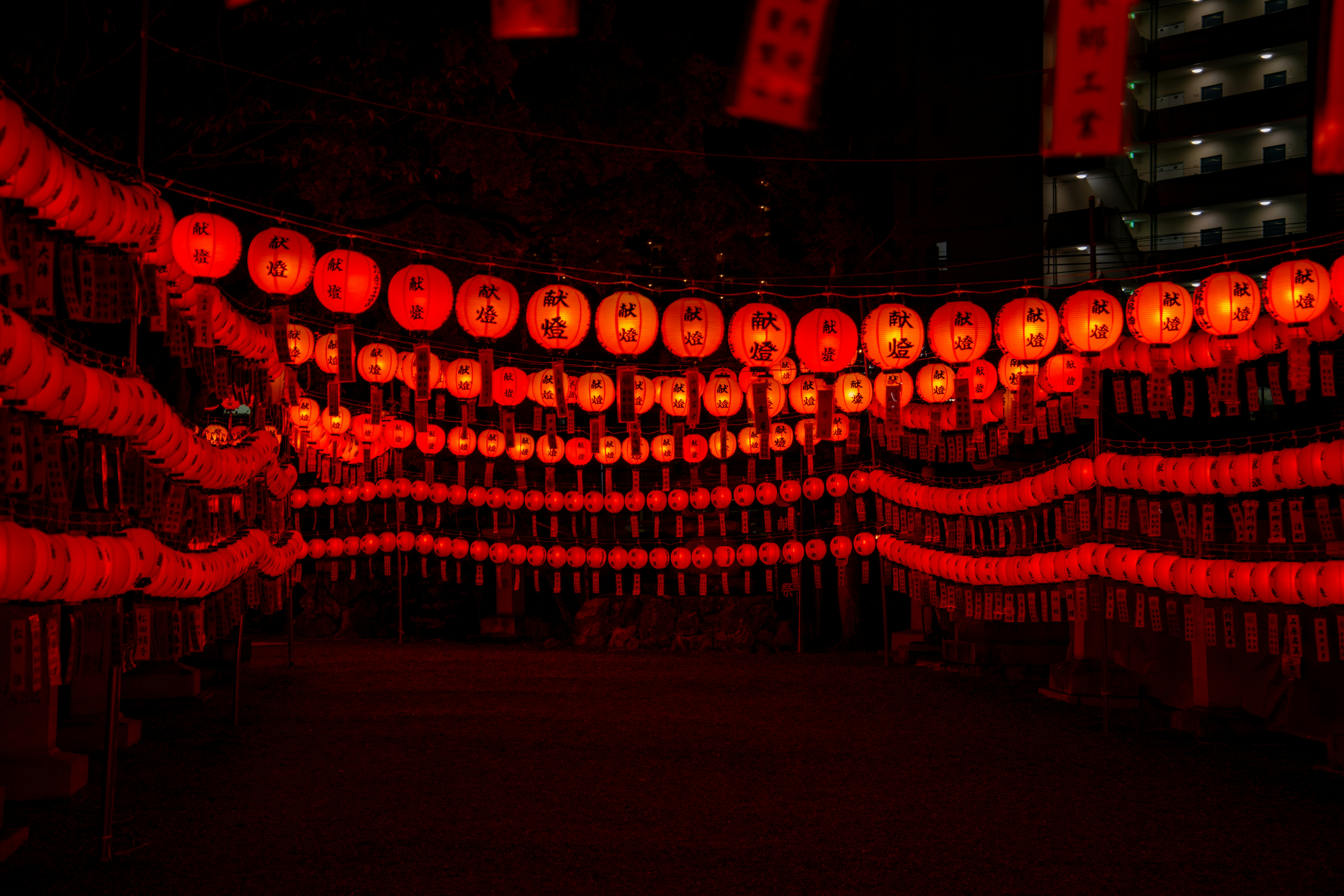 Row of illuminated red lanterns hangs over a dark street, creating a glowing corridor for festival lighting and depth.