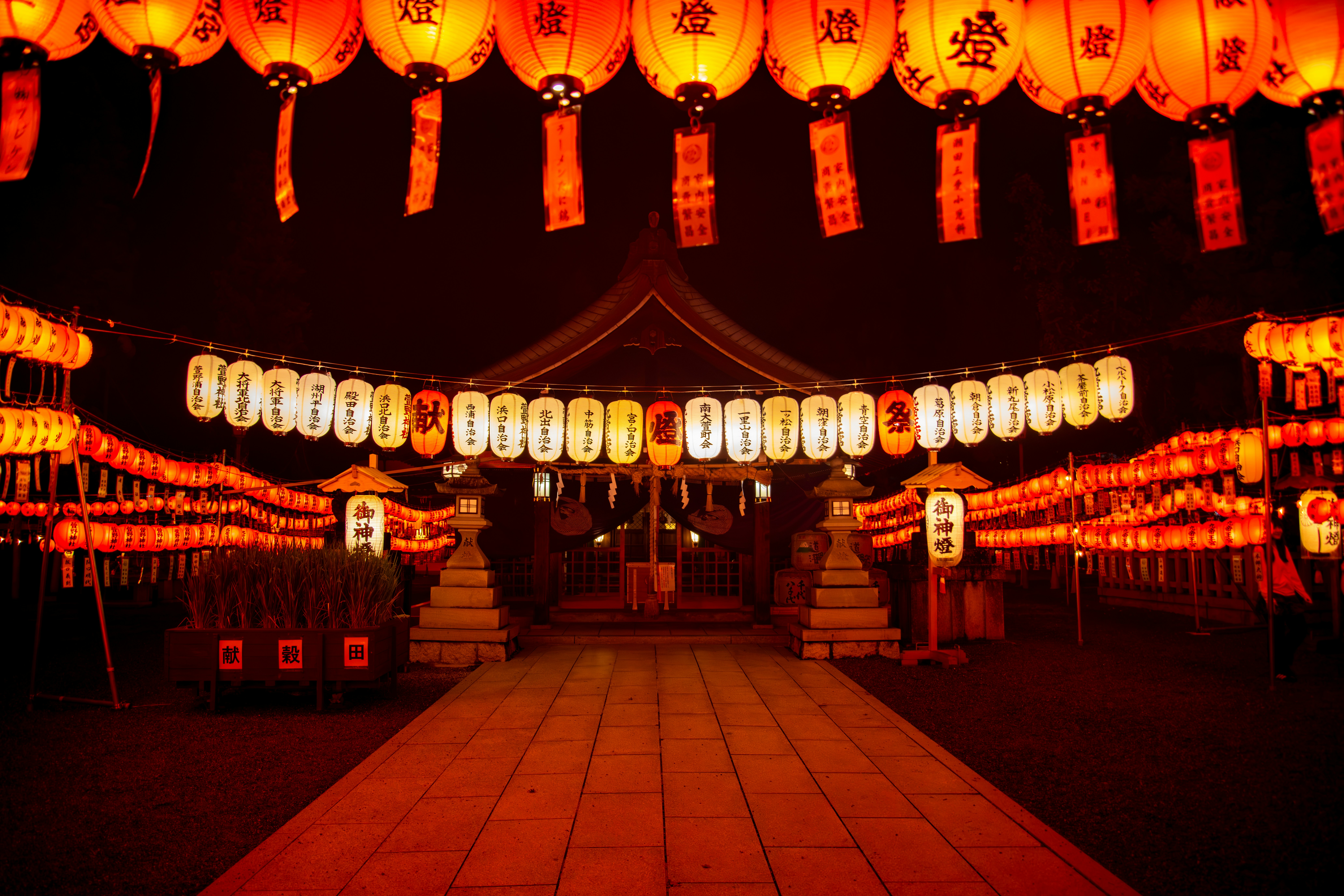 Lantern-lit Shrine Pathway: Nightfall Ambience Under Red Orbs