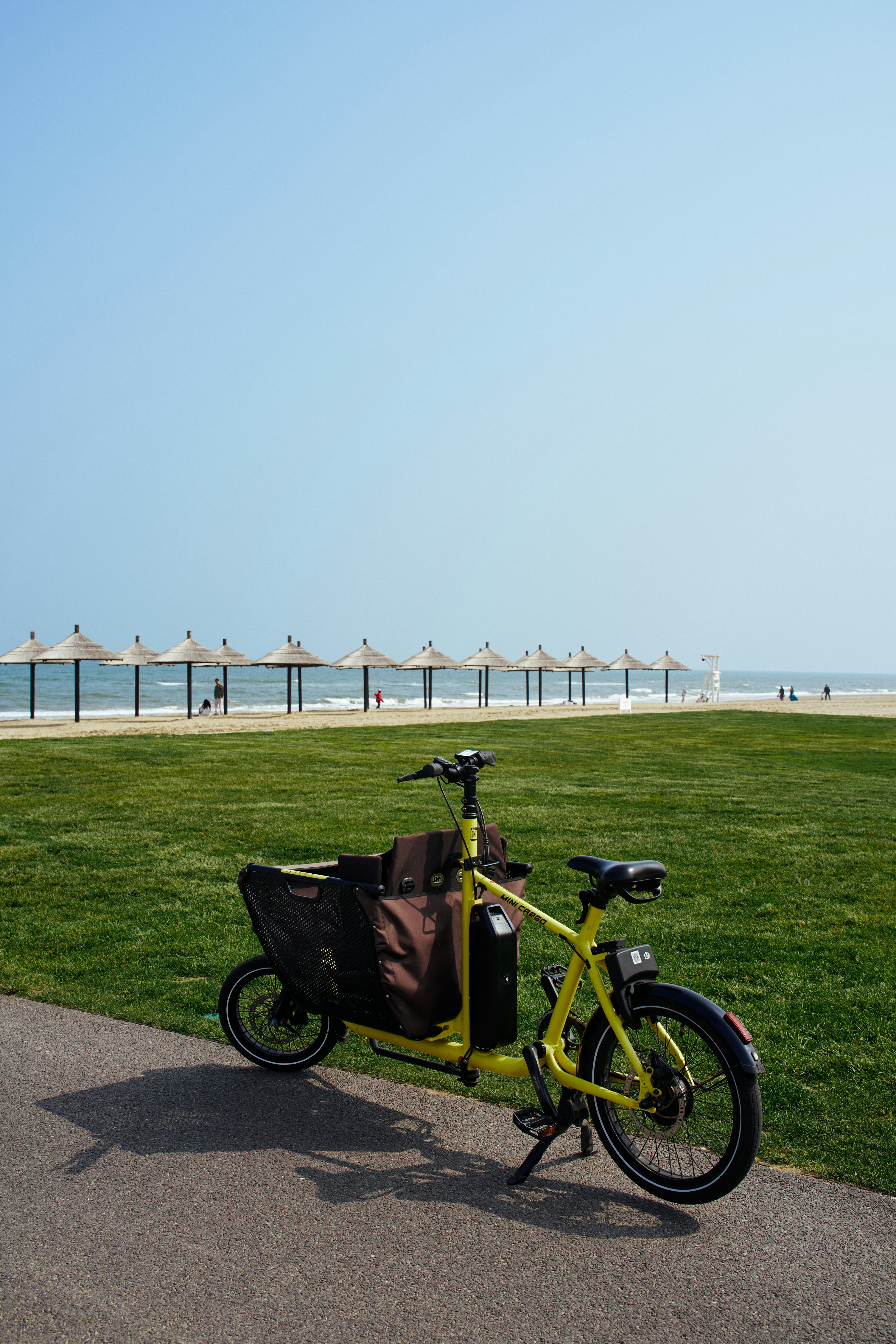 Yellow Cargo Bicycle Quietly Anchored on a Seaside Promenade