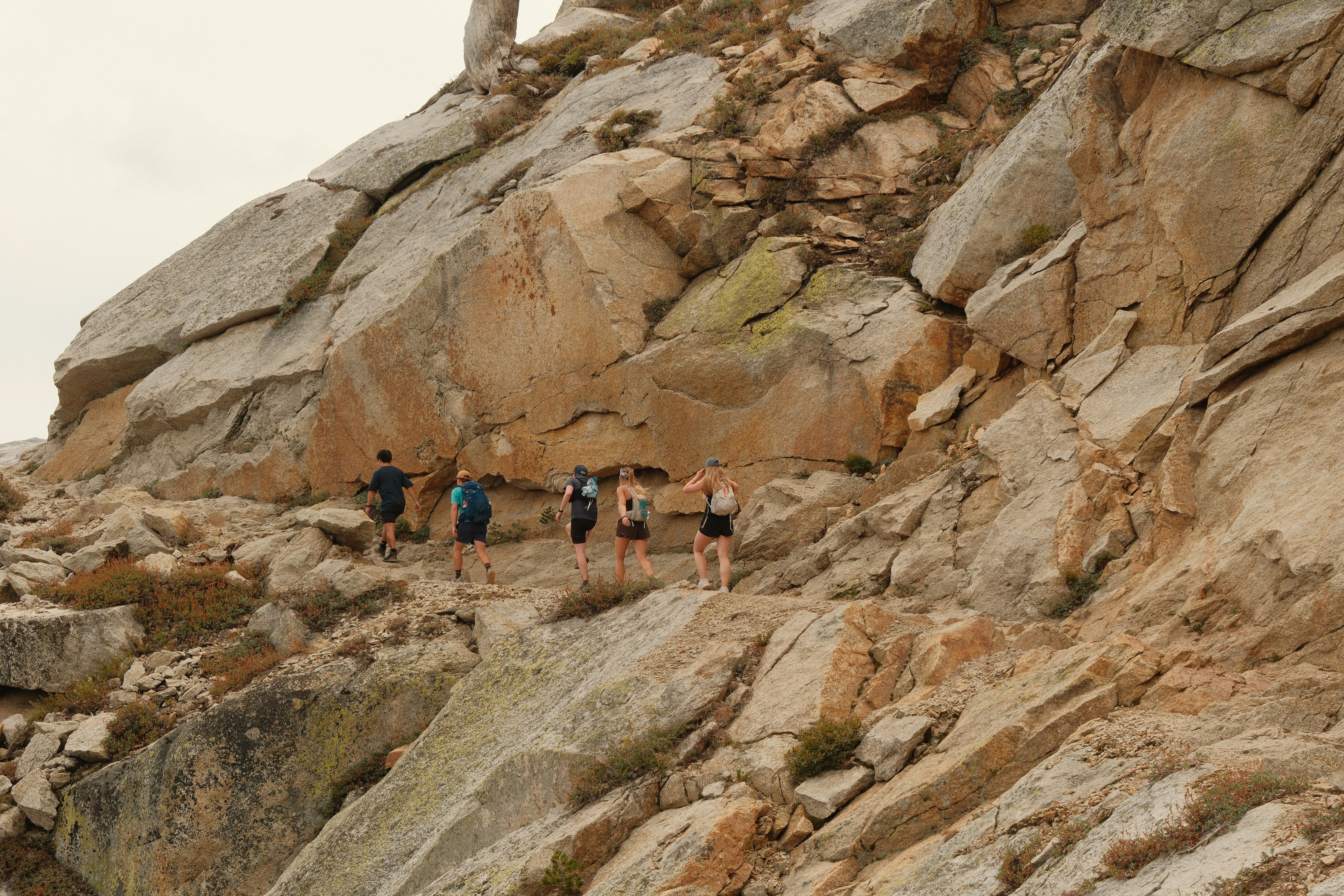 Cliffside Trek: A Line of Friends Conquering a Rugged Shore