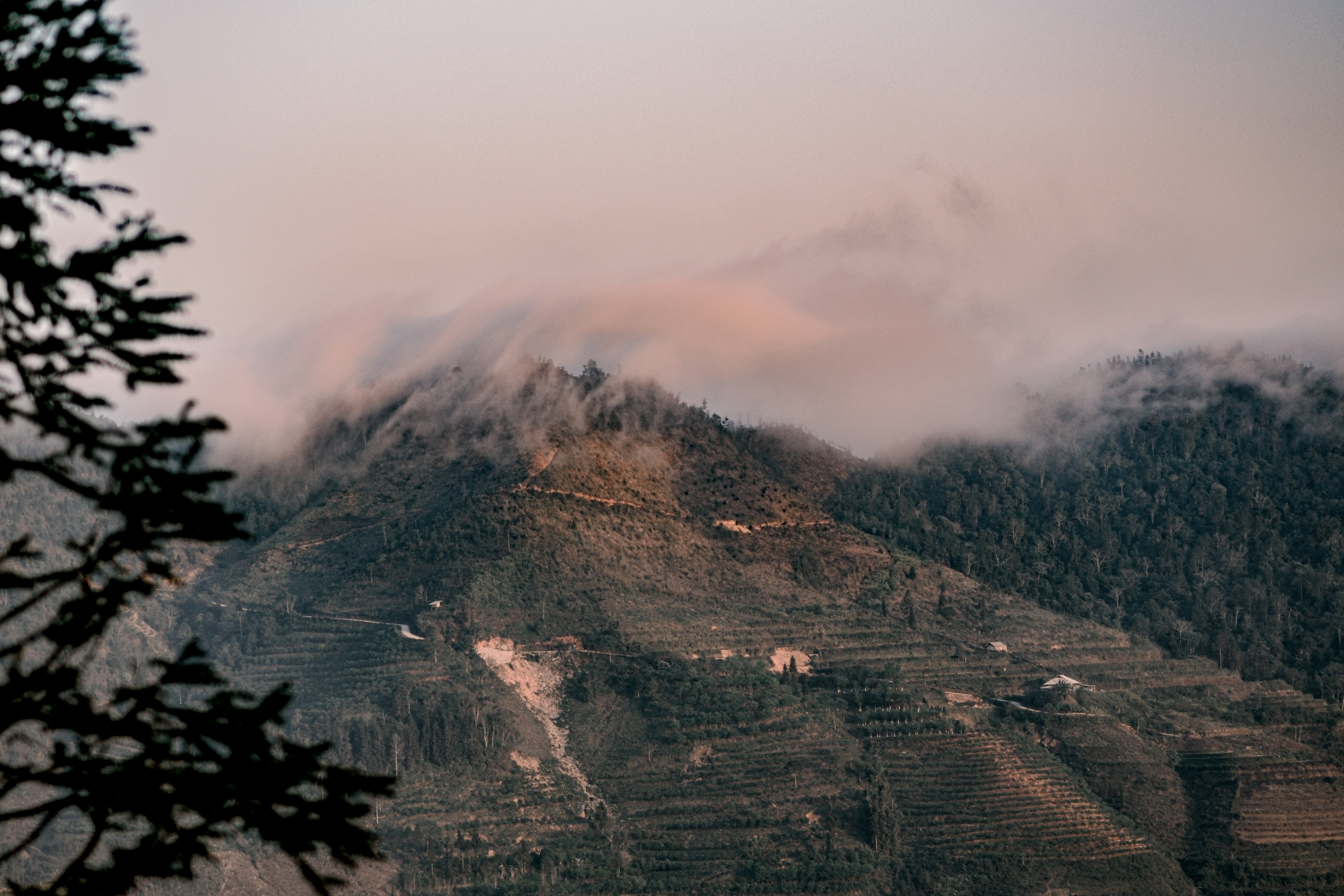 Misty Ridge Under Peach Sky