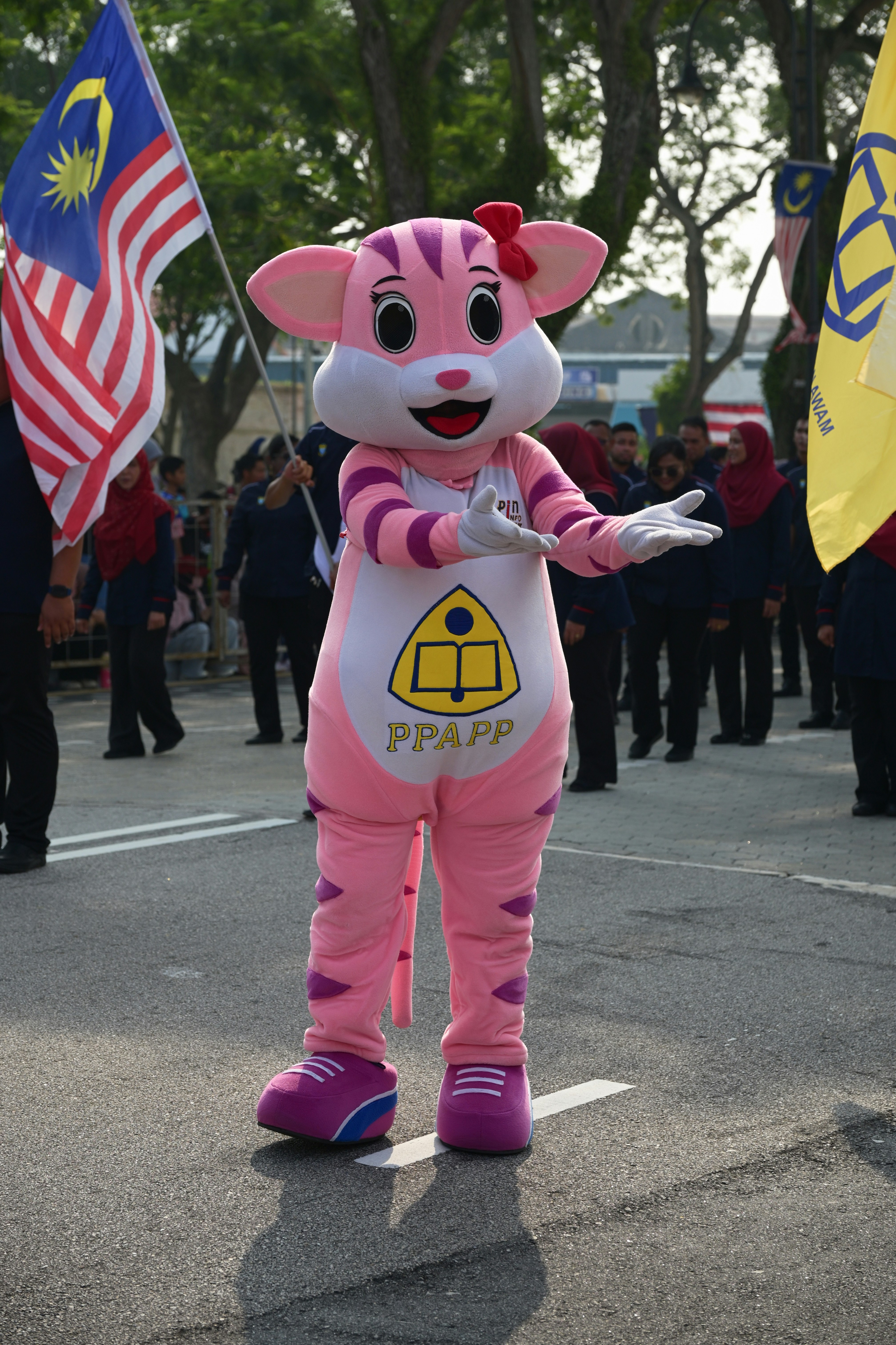 Pink Mascot Parade: A Cheerful Characterfront Center Stage