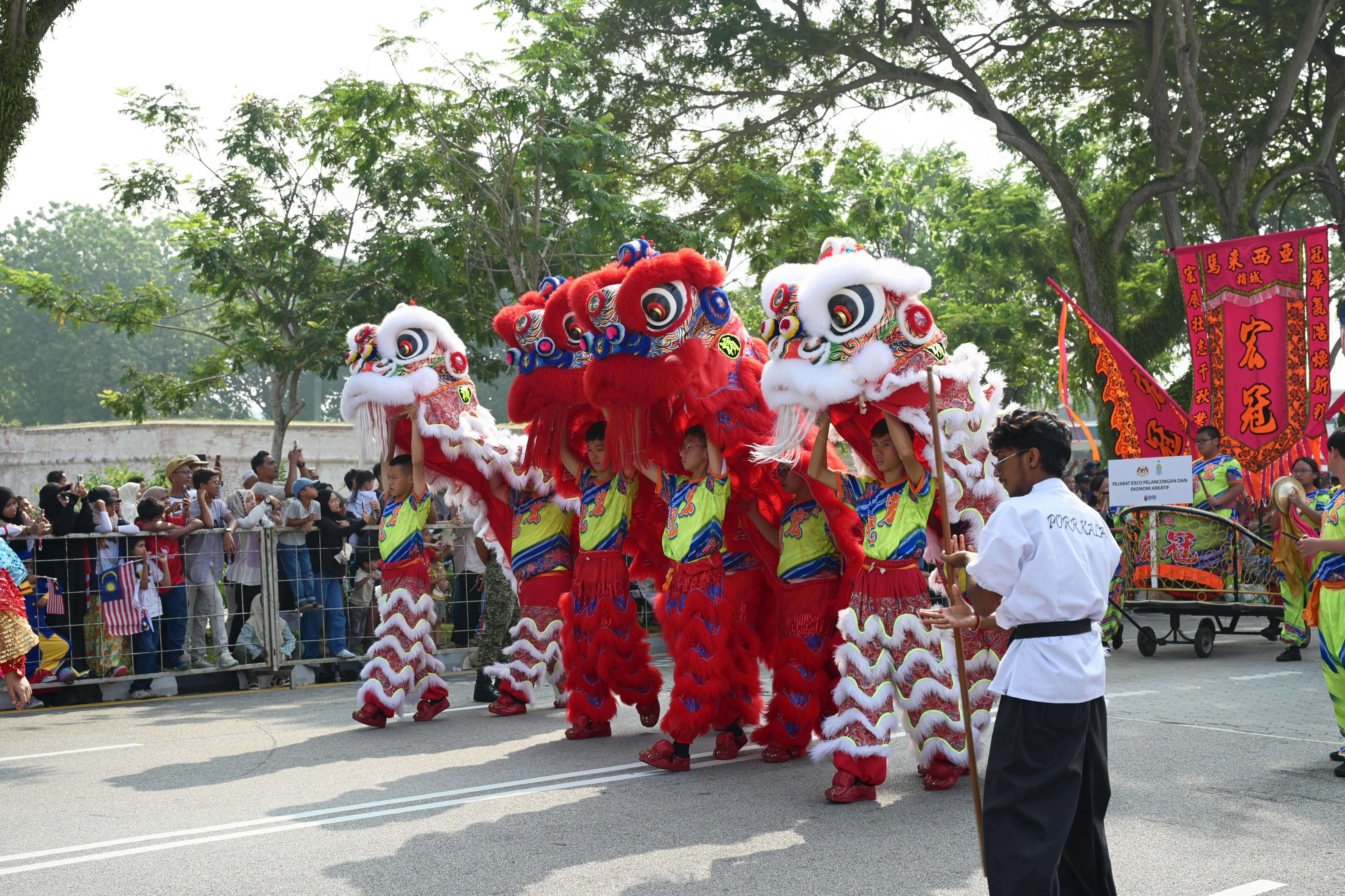 Vibrant Lion Dance Parade Under Sunny Street Gaze