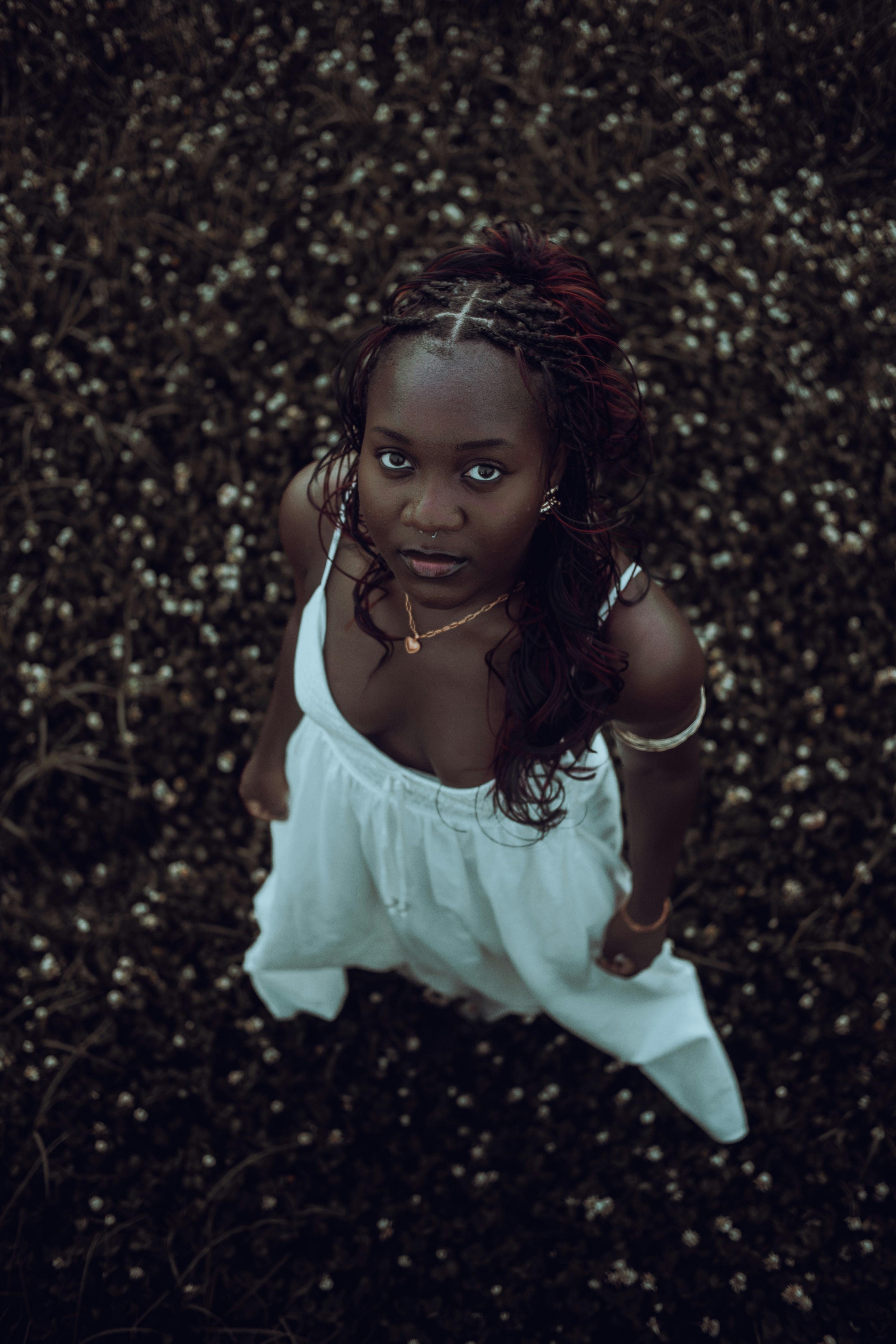 Ascending gaze: a young woman in a white dress looks up from a field of tiny blossoms