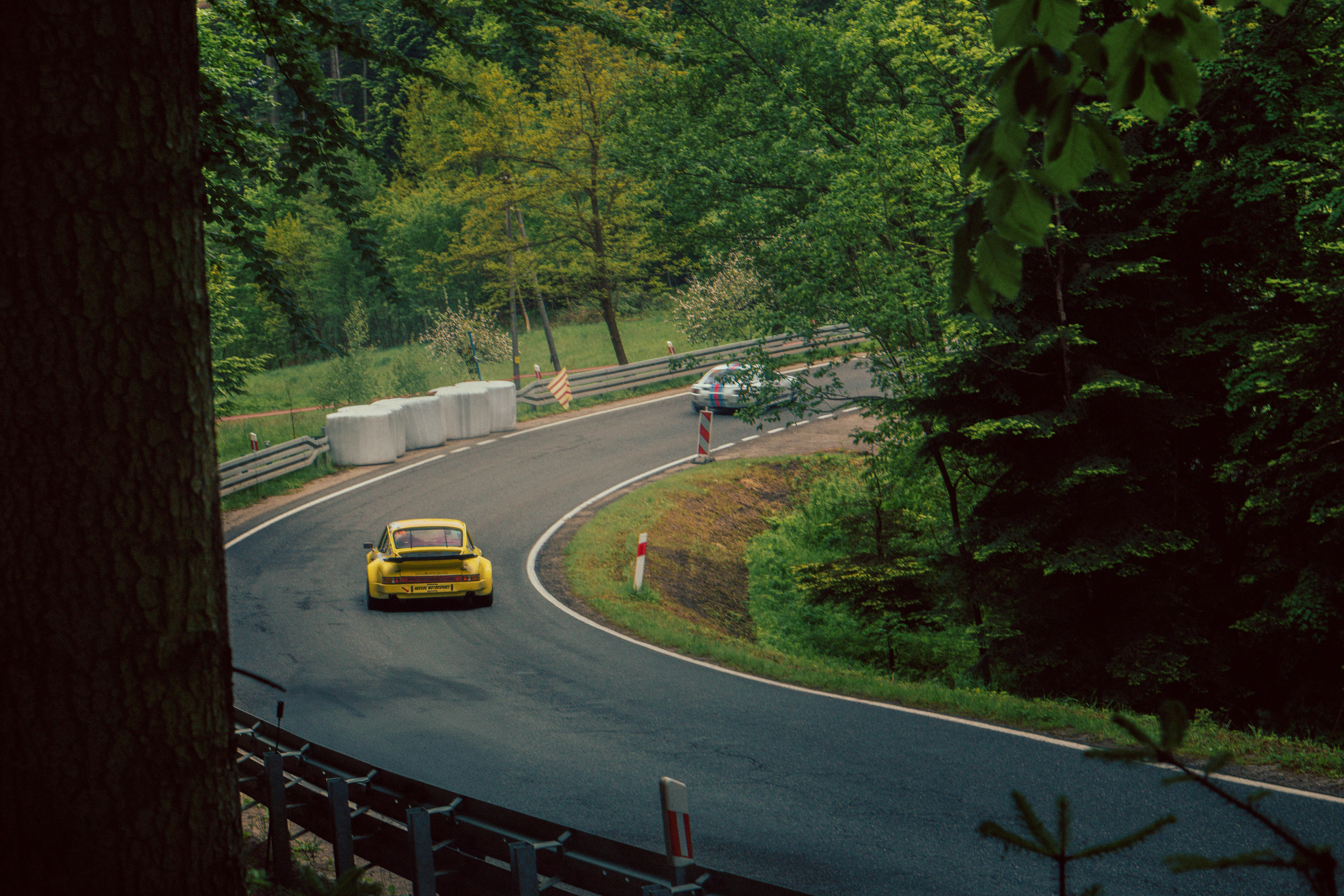 Yellow Coupé Rounds the Forest Bend