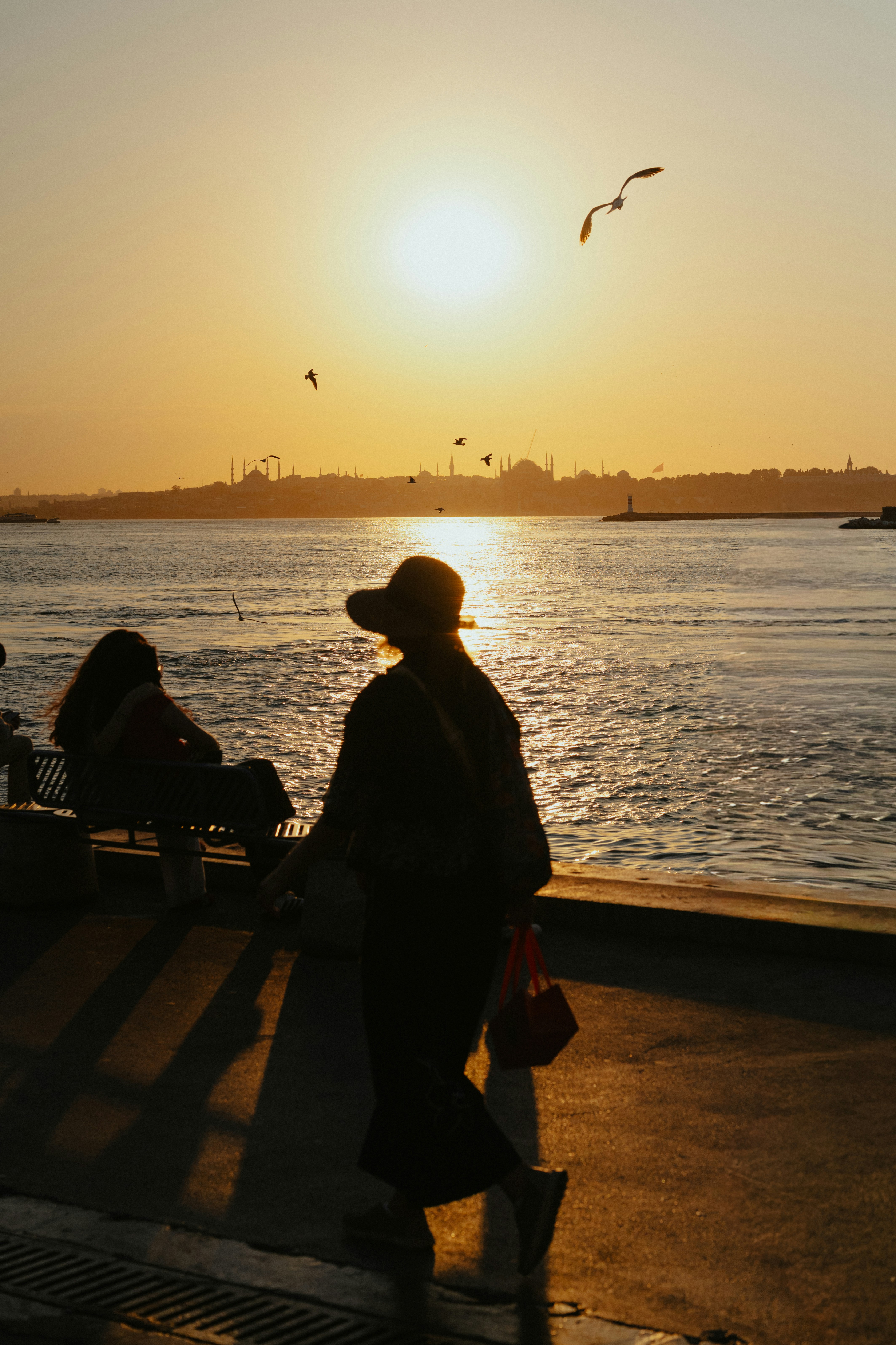 Silhouette Stroll at Golden Hour by the Water