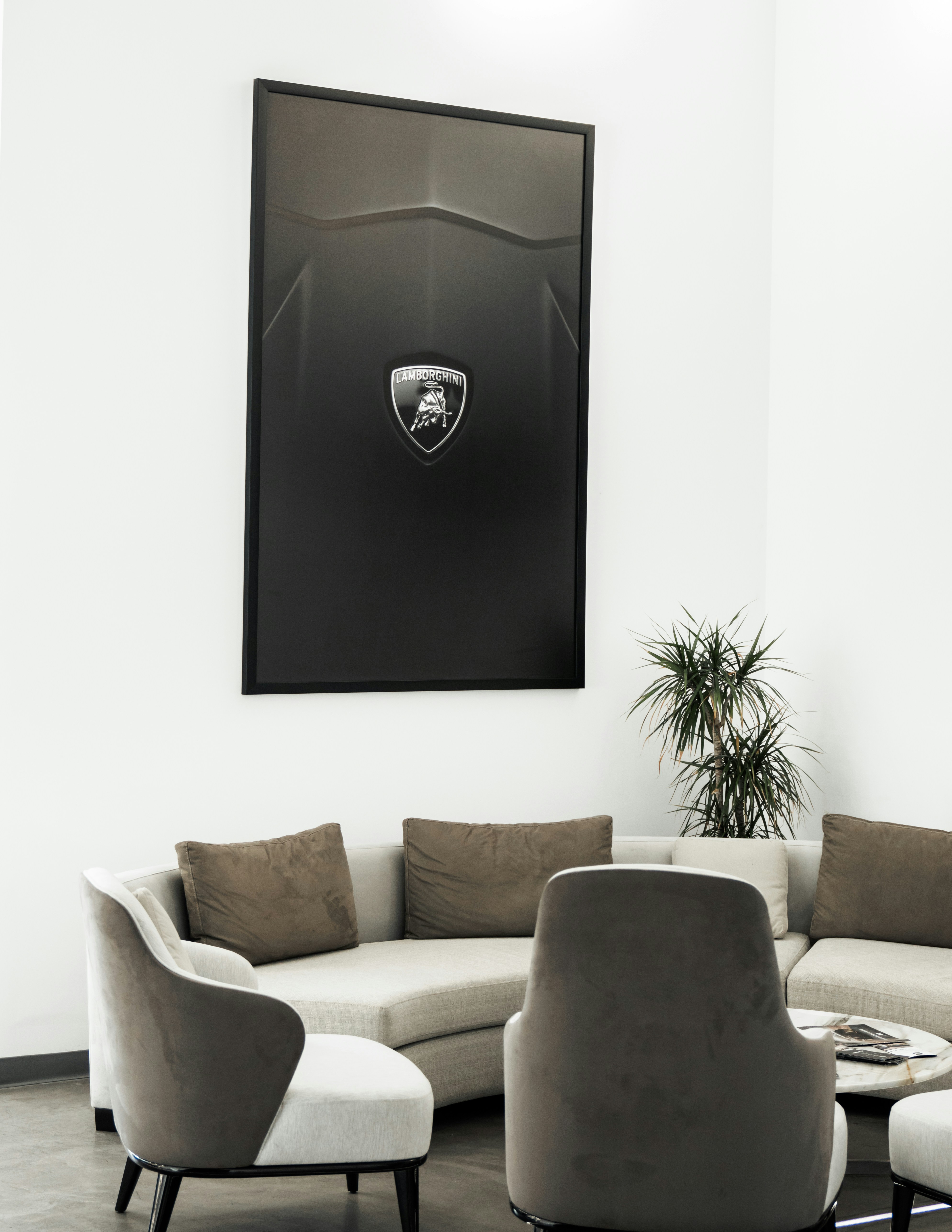 Minimalist Lounge with Framed Emblem as Quiet Focal Point