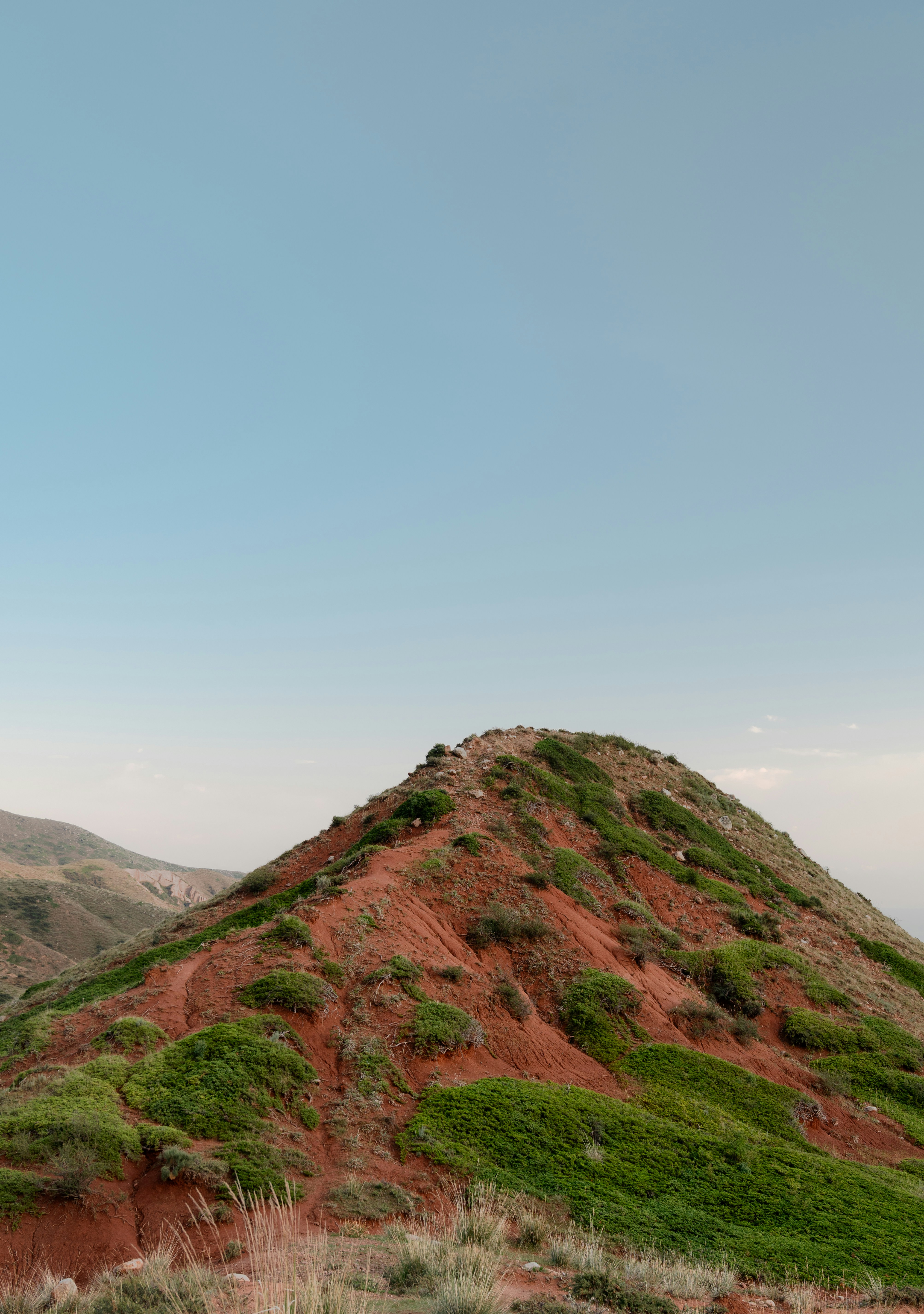 Red-Cilled Ridge: A sunlit hill with green scrub under a clear blue sky
