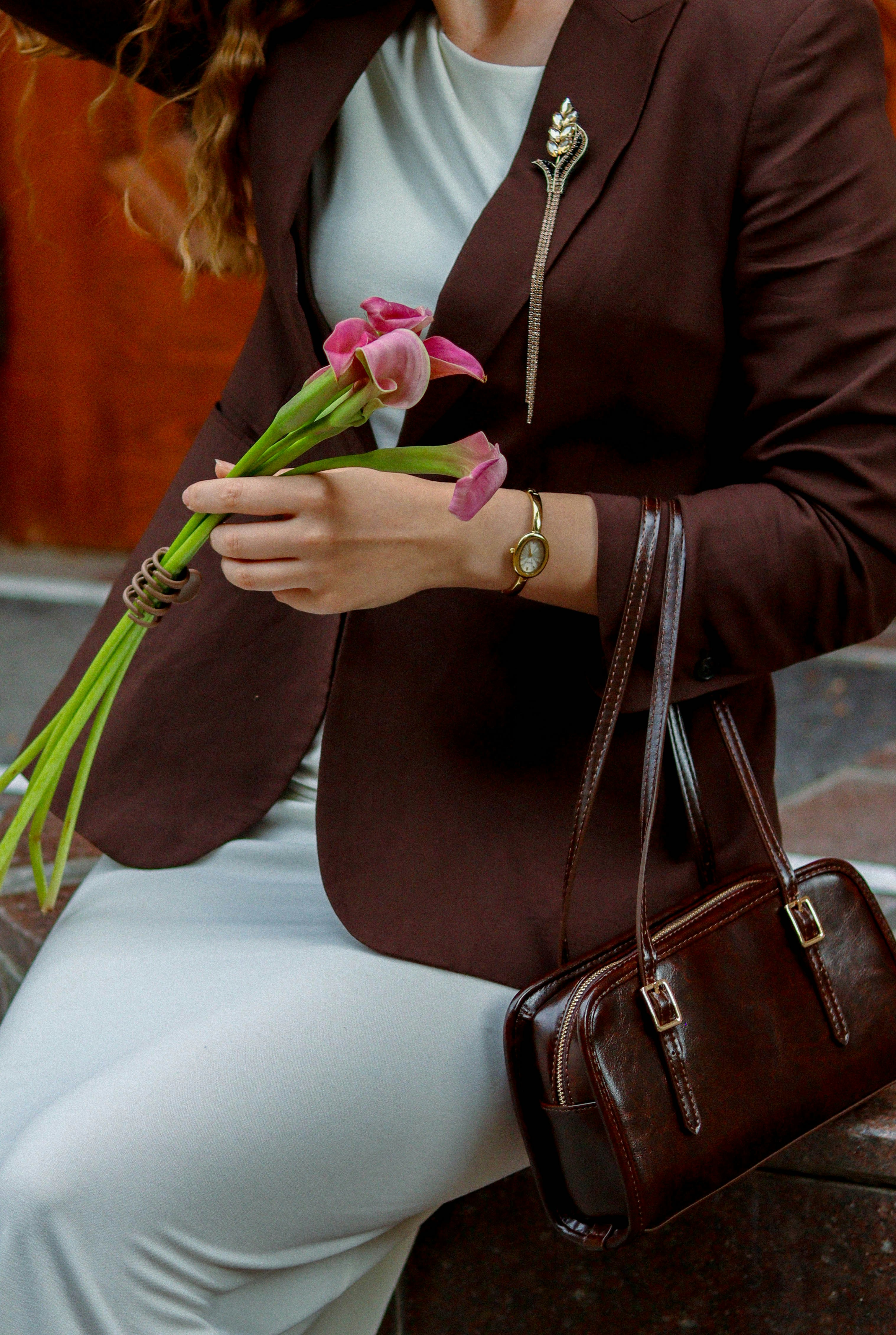 Bouquet and Bow: A Quiet Moment in Burgundy
