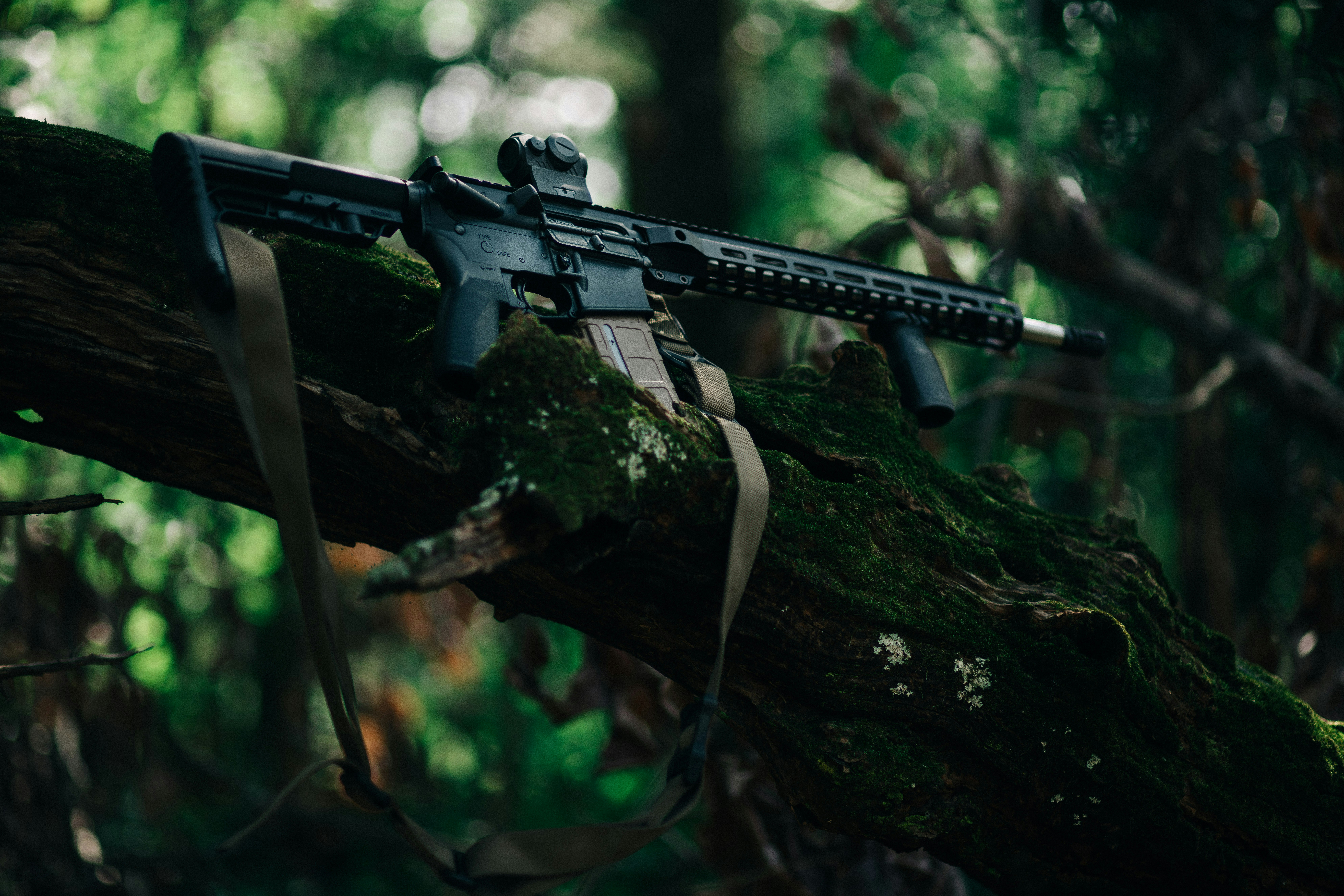 A rifle rests along a mossy log in a dim, forested setting, with soft, natural light highlighting the weapon's silhouette and straps against the dark greenery.