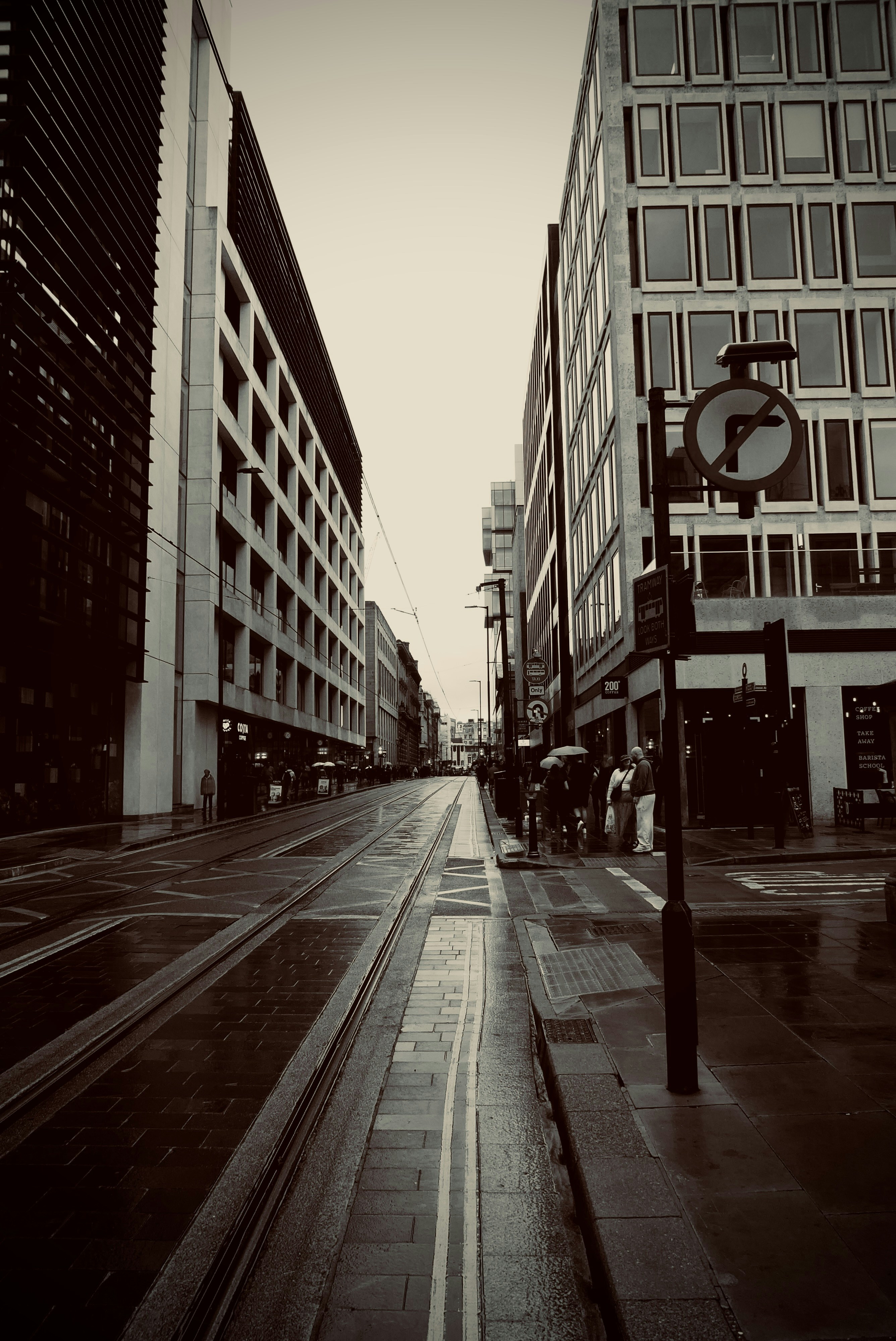 Urban River of Rails: A Quiet Walk Through a Rain-Washed Street