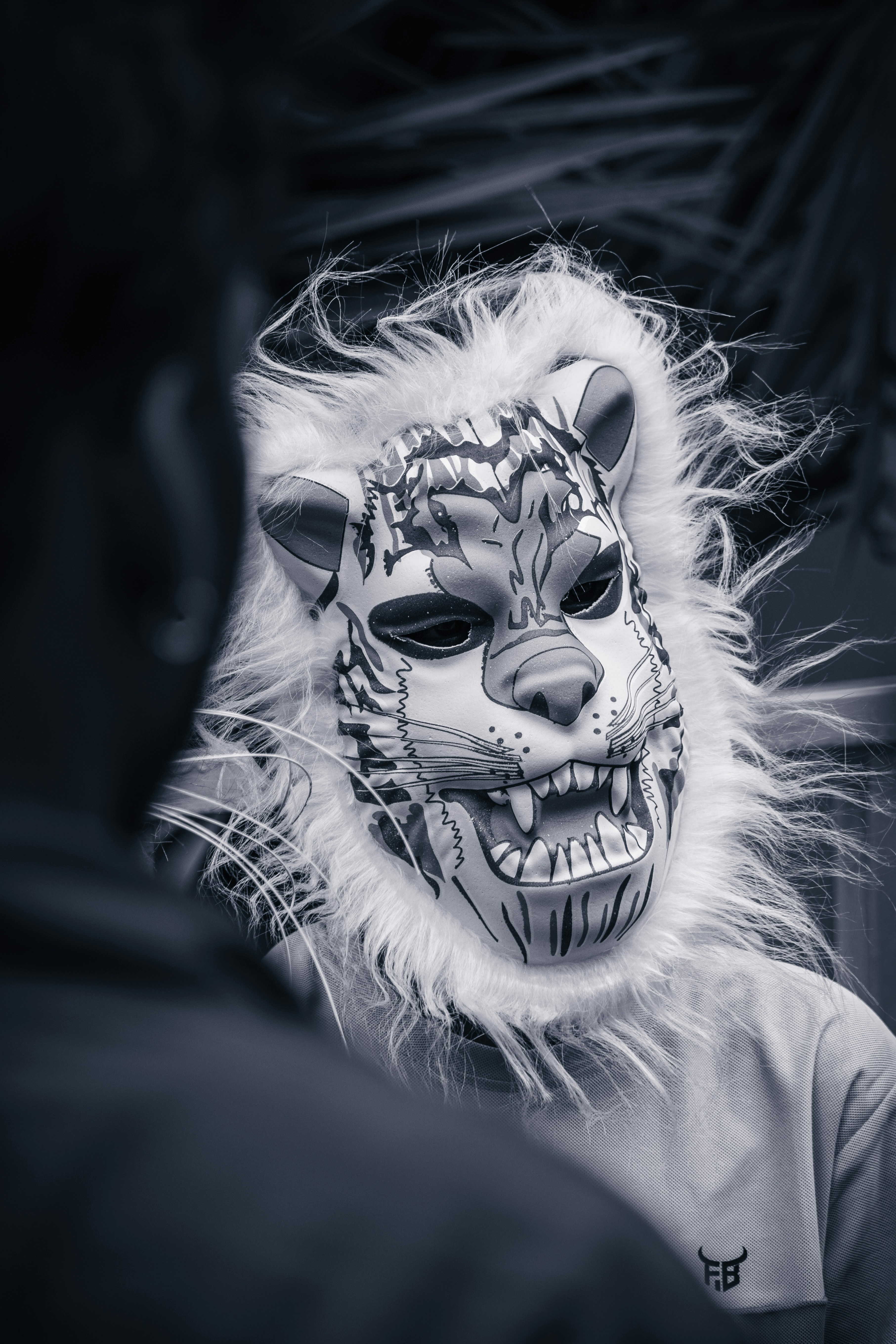Masked Encounter: A Ferocious Smile Under Neon Veil