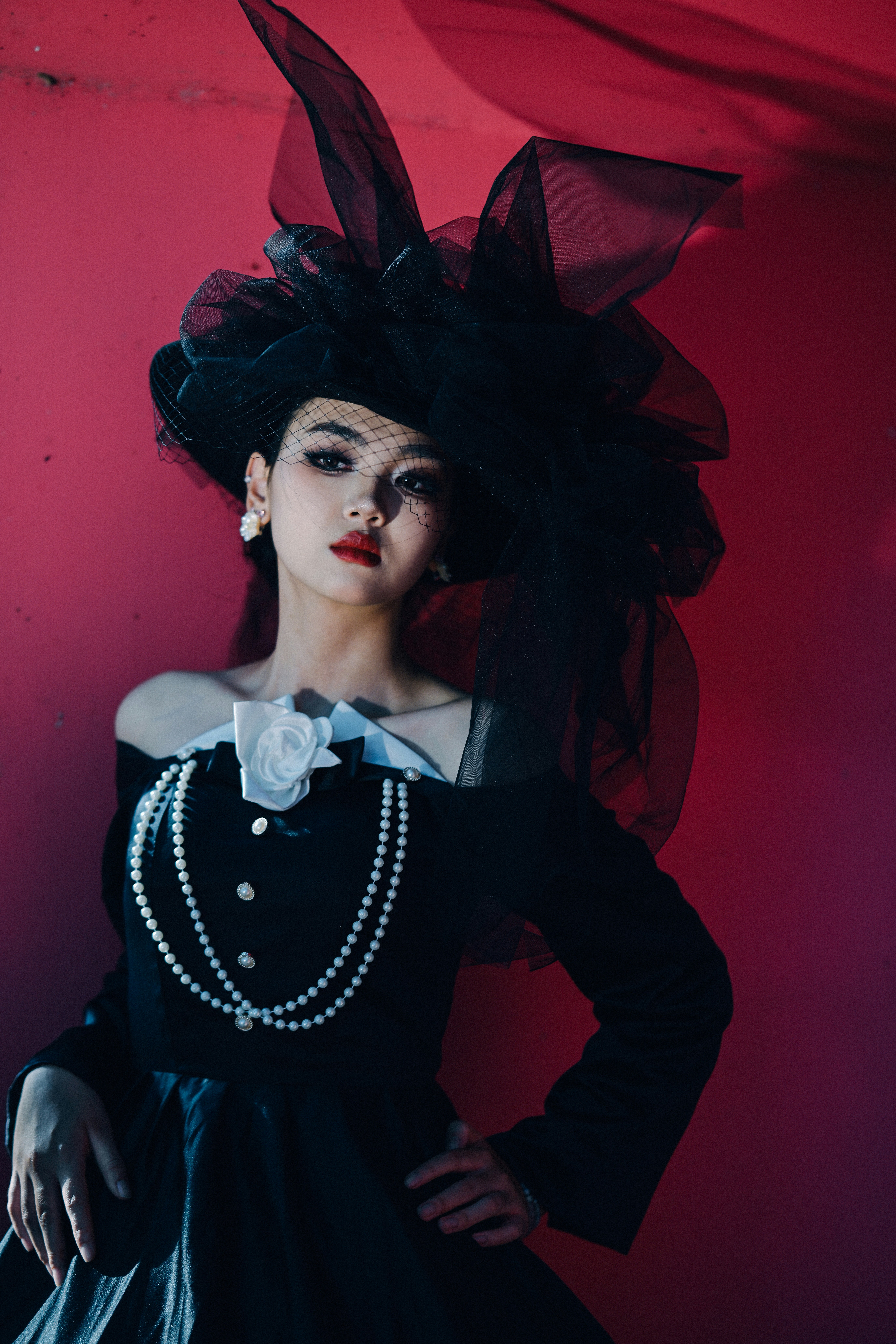 Veiled Elegance: A Portrait in Velvet and Pearls