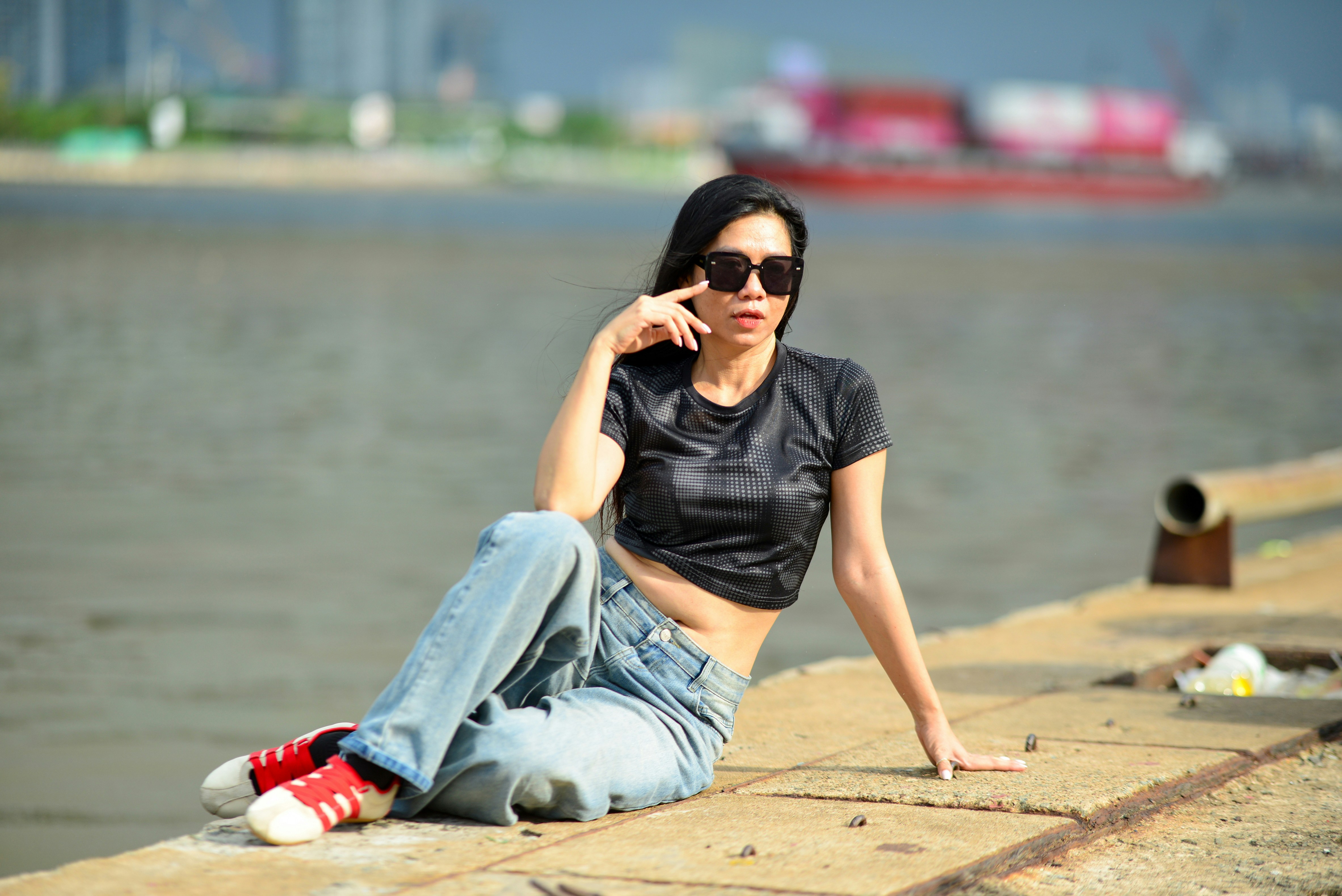 Sunlit Confidence by the Waterfront Dock