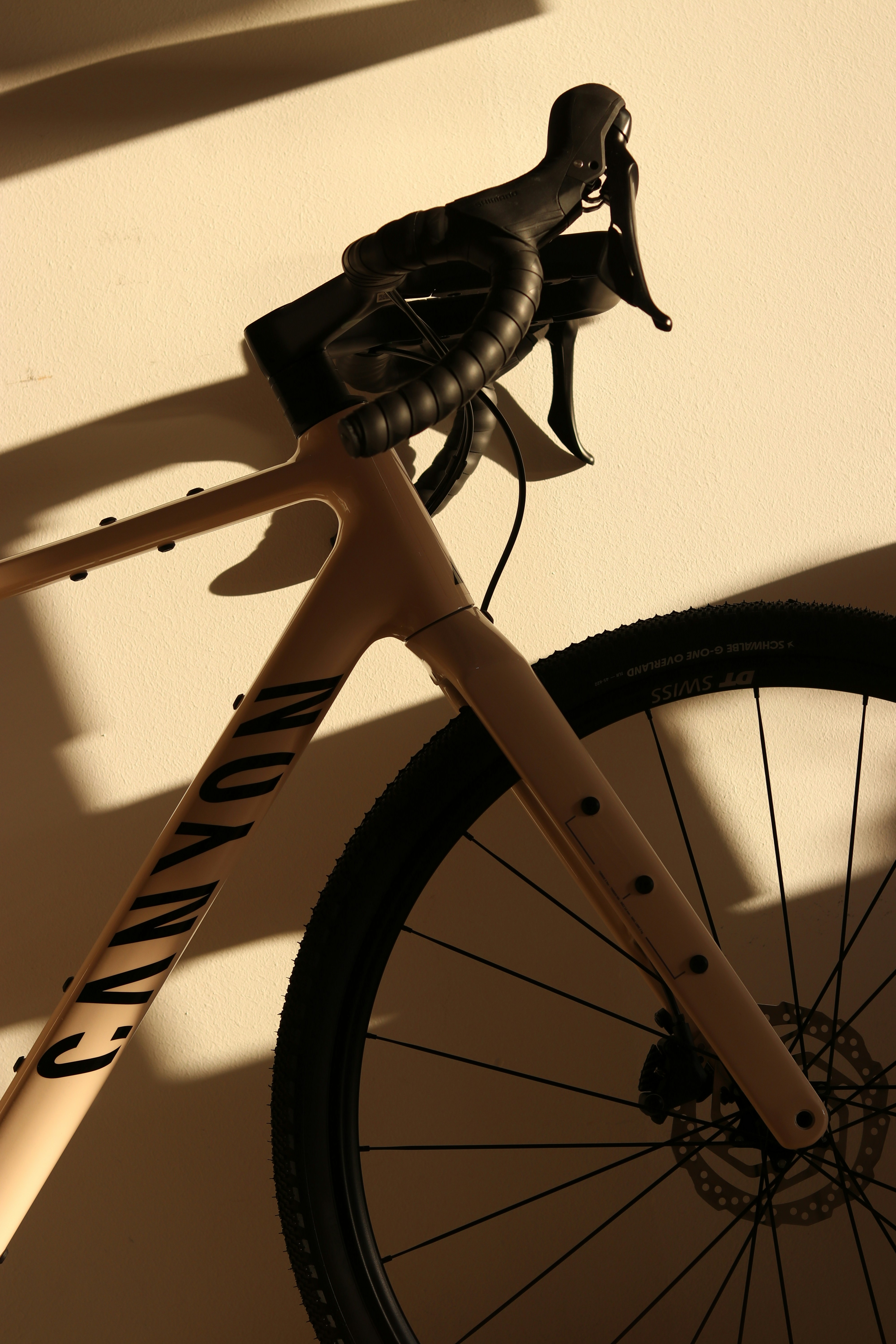 Sunlit Canyon: A Beige Canyon Road Bike Resting Against a Wall