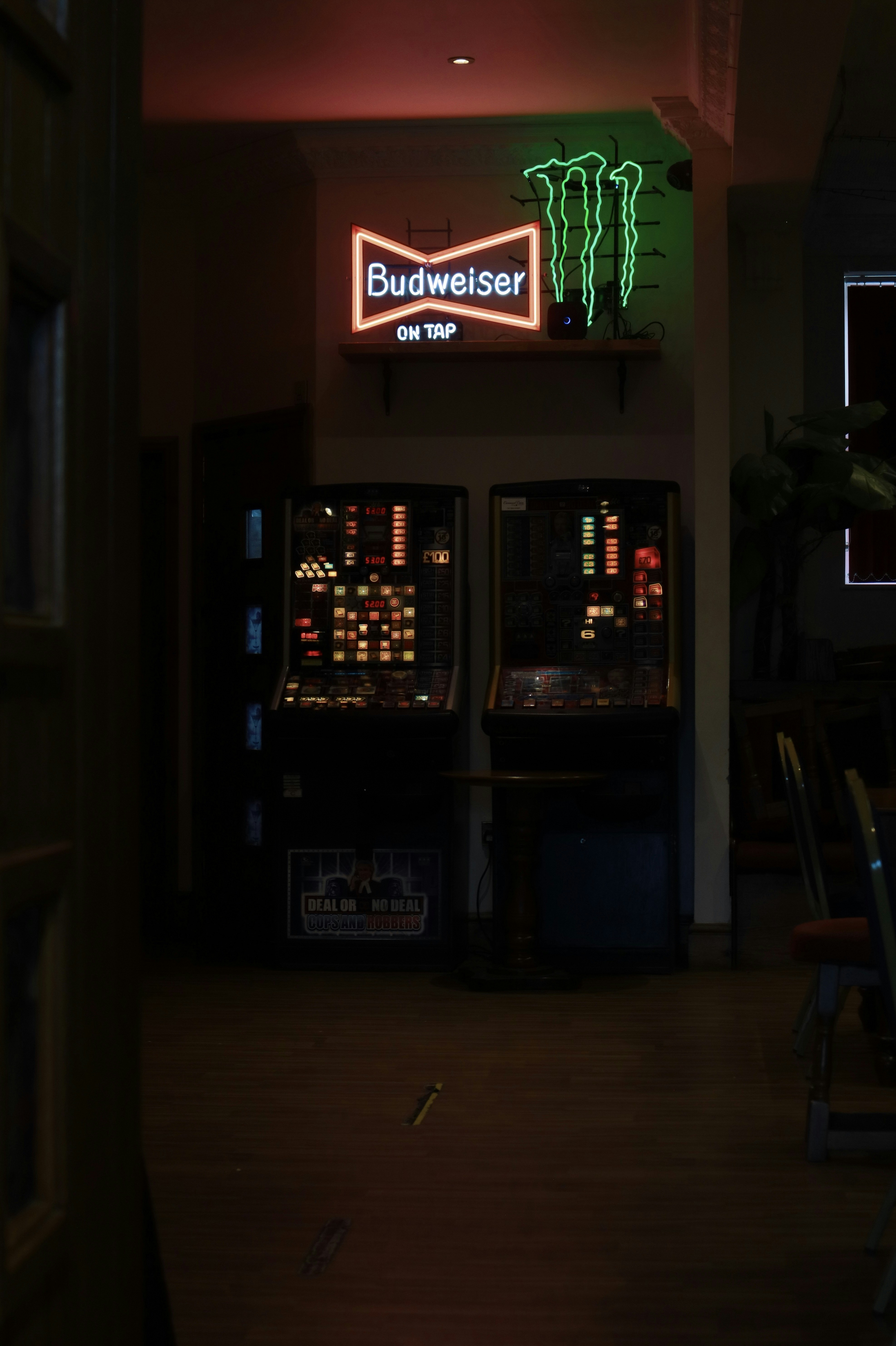 Neon Budweiser Sign Over Quiet Arcade Vines Amid Dim Rustle