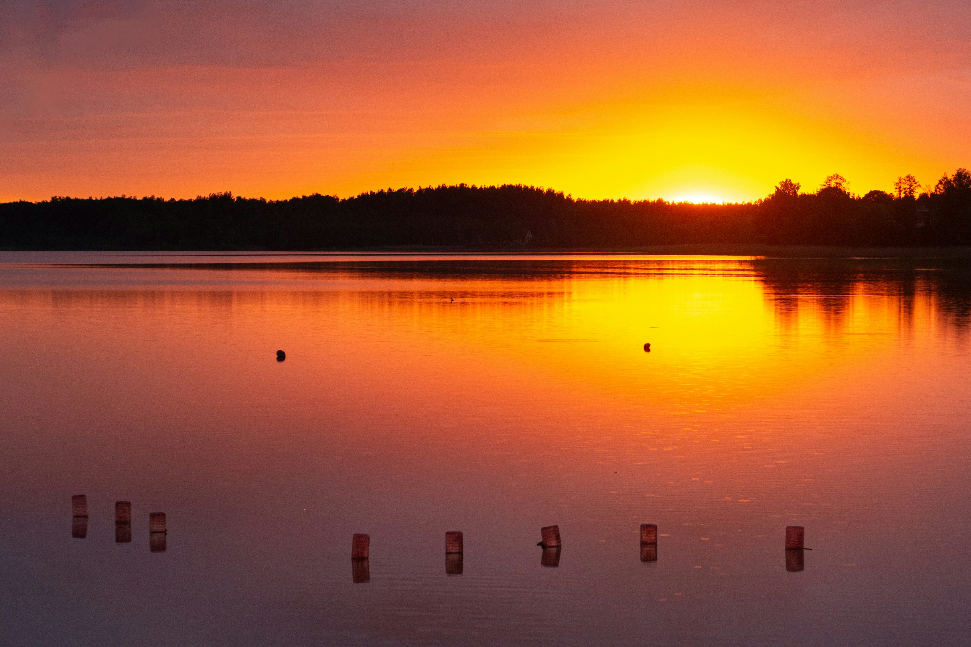 Sunset on Glassy Lake: Silhouettes and Fire in the Sky