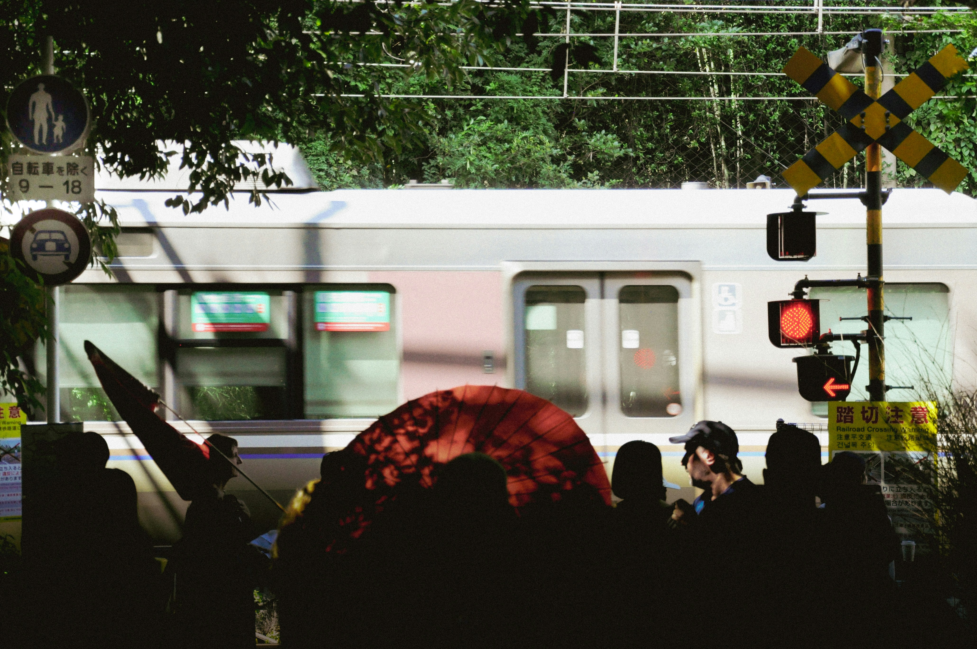 Train Crossing: Silhouettes and Sunlit Carriage in the Crowd