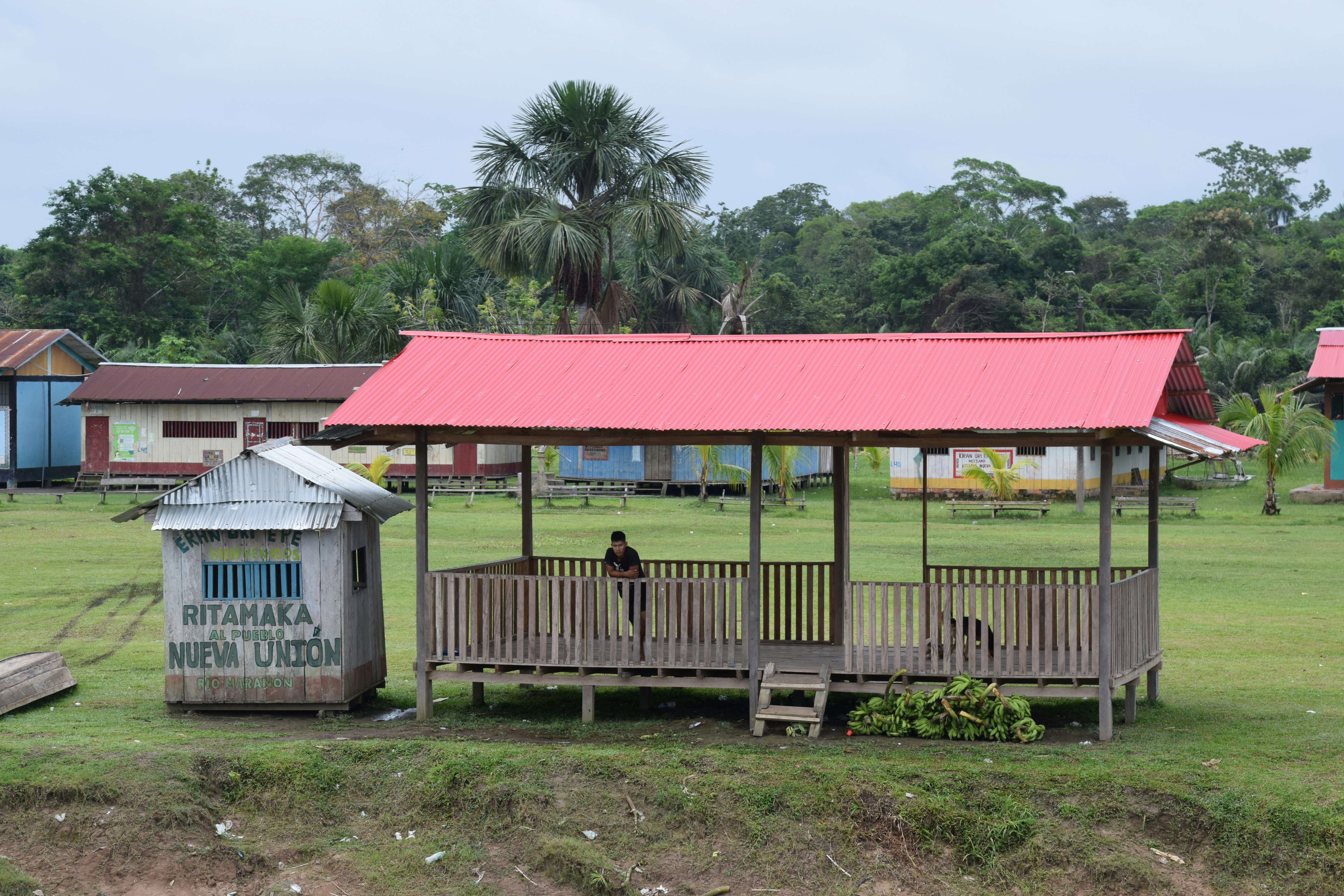 Red-roofed pavilion by a rural shelter in a grassy compound