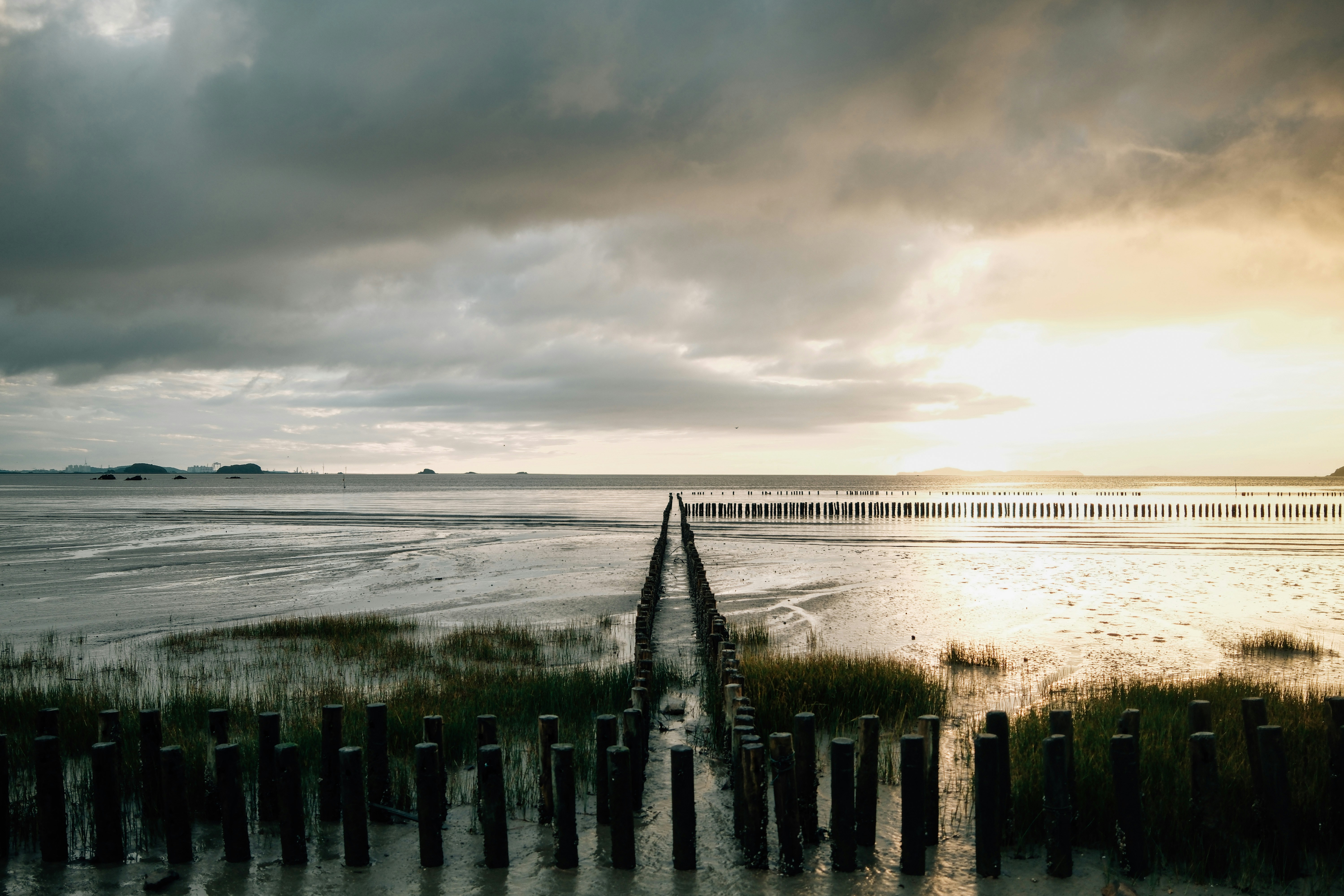 The Silent Pier: Dawn over a Tiled Sea