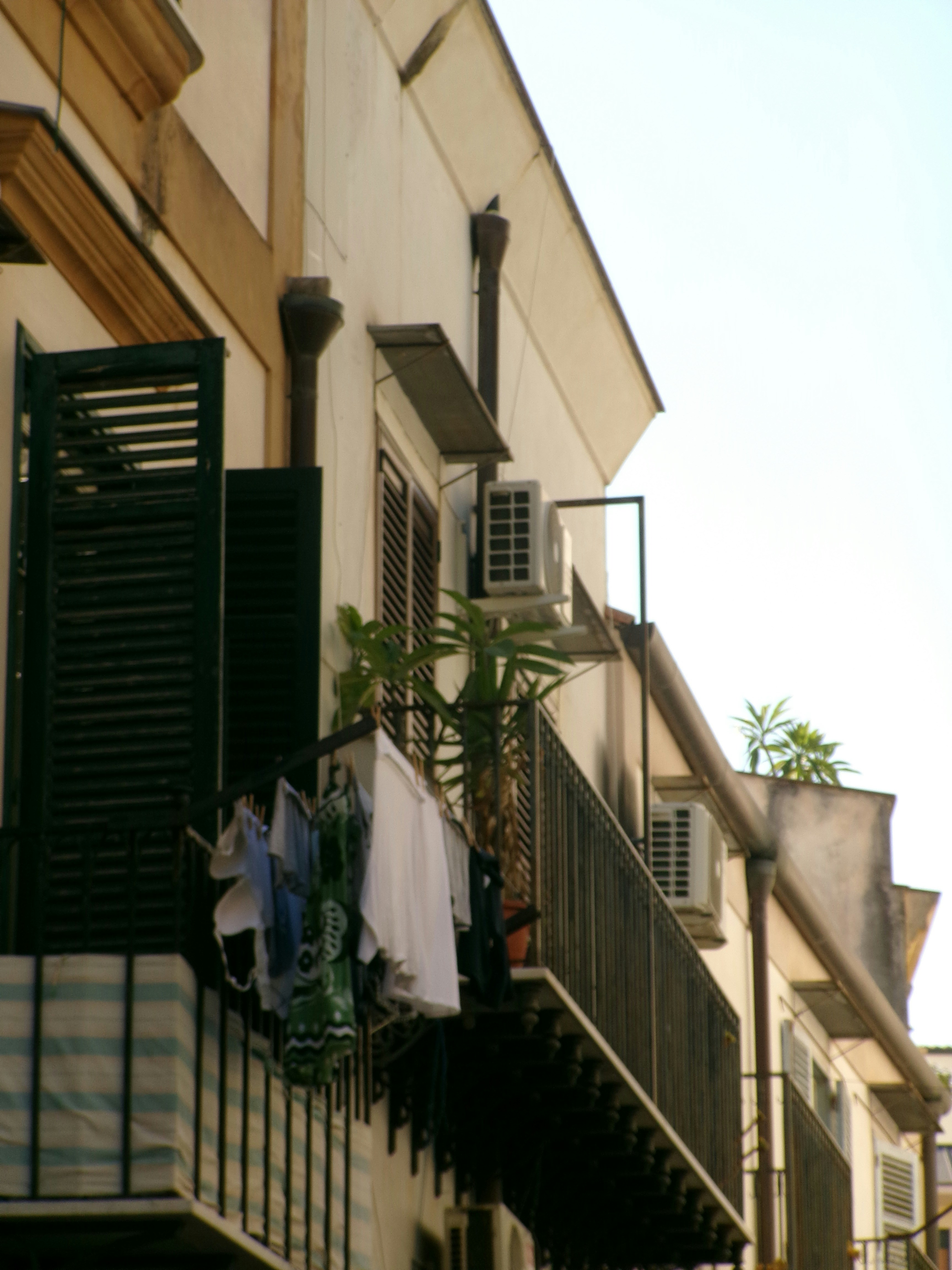 The contrast of tradition and modernity in urban life. A detailed street photography shot capturing domestic habits, green plants, and architectural details in an old Italian town.