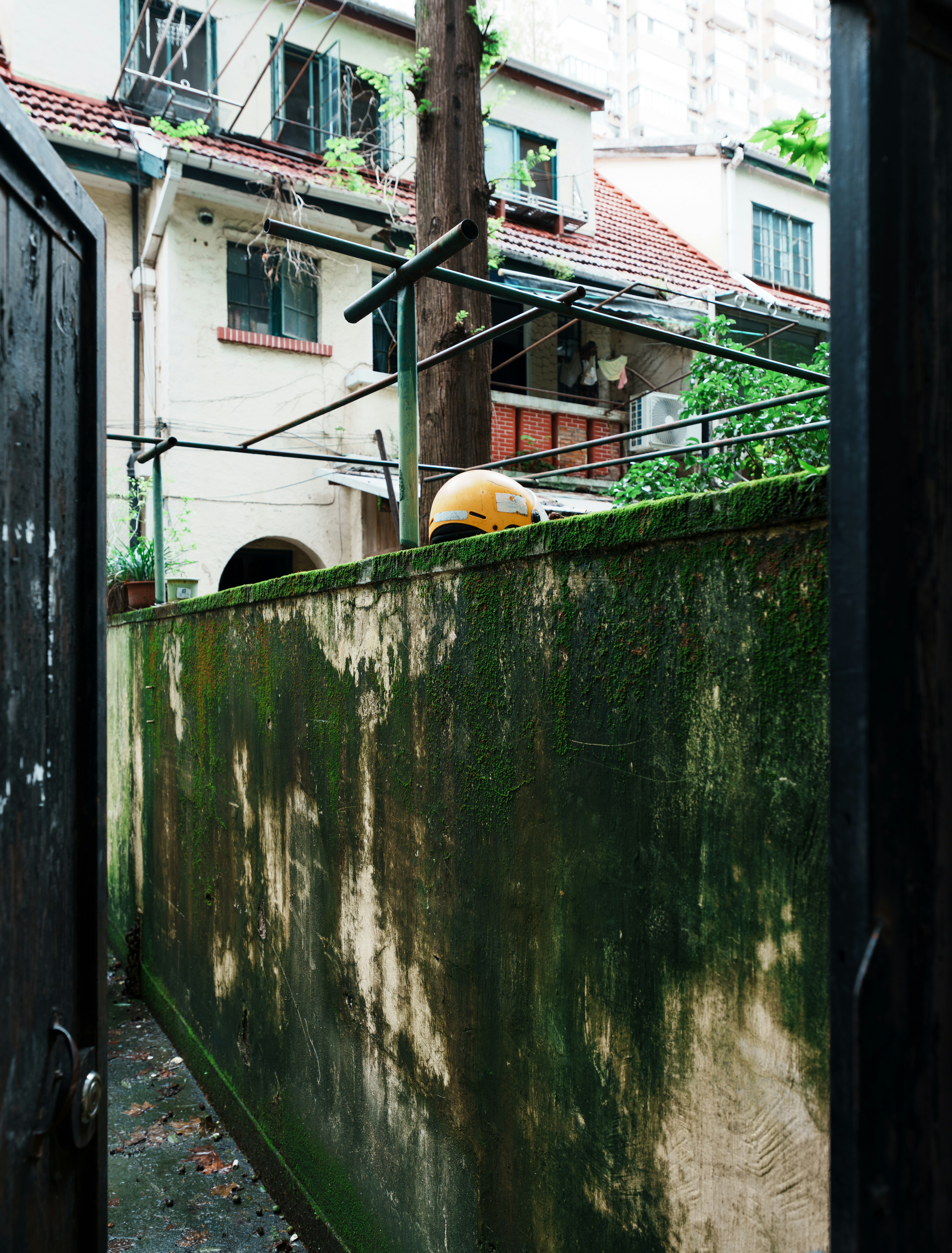 Helmet above the mossy wall: glimpsing a hidden courtyard
