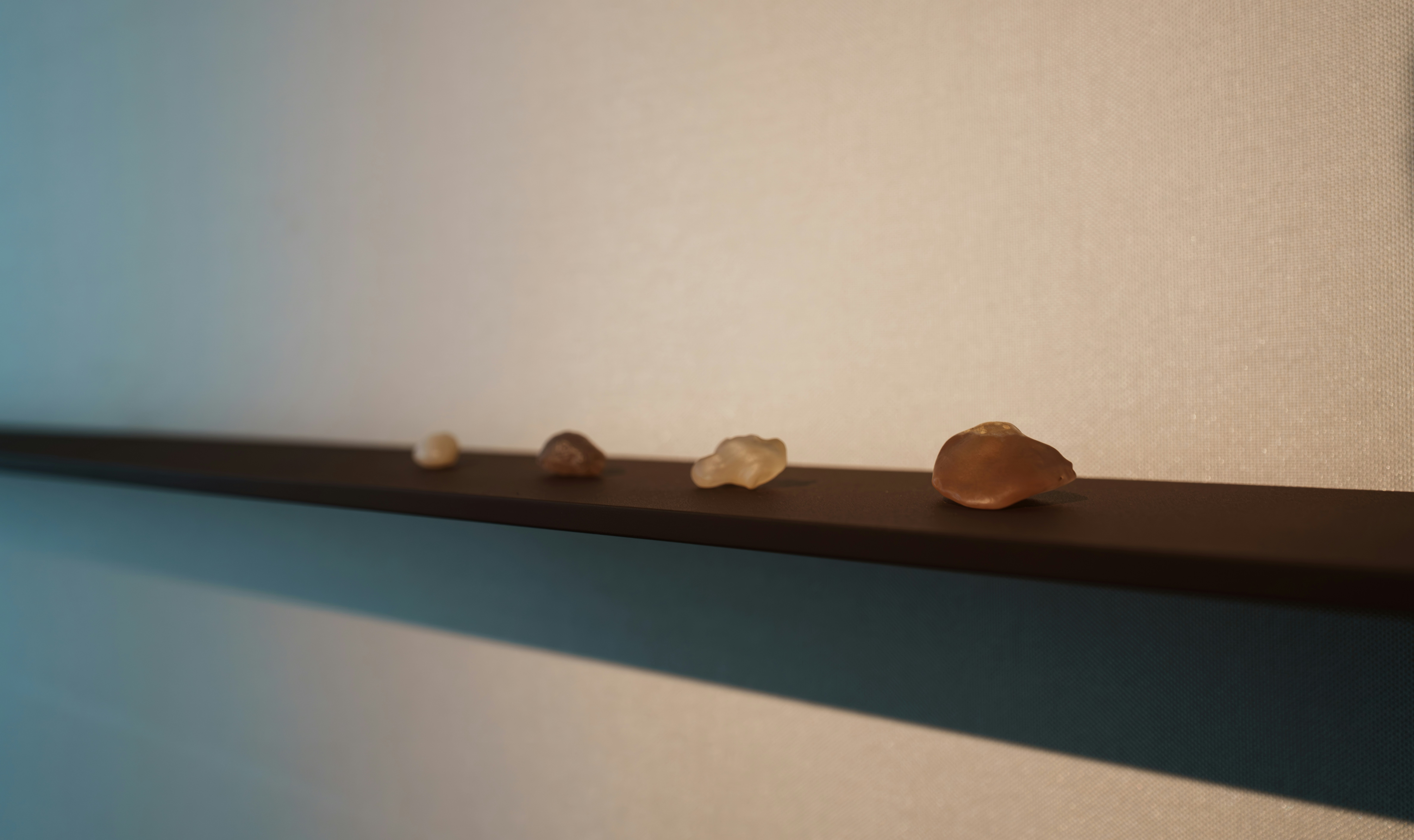 Four small smooth stones arranged in a row on a dark wooden shelf