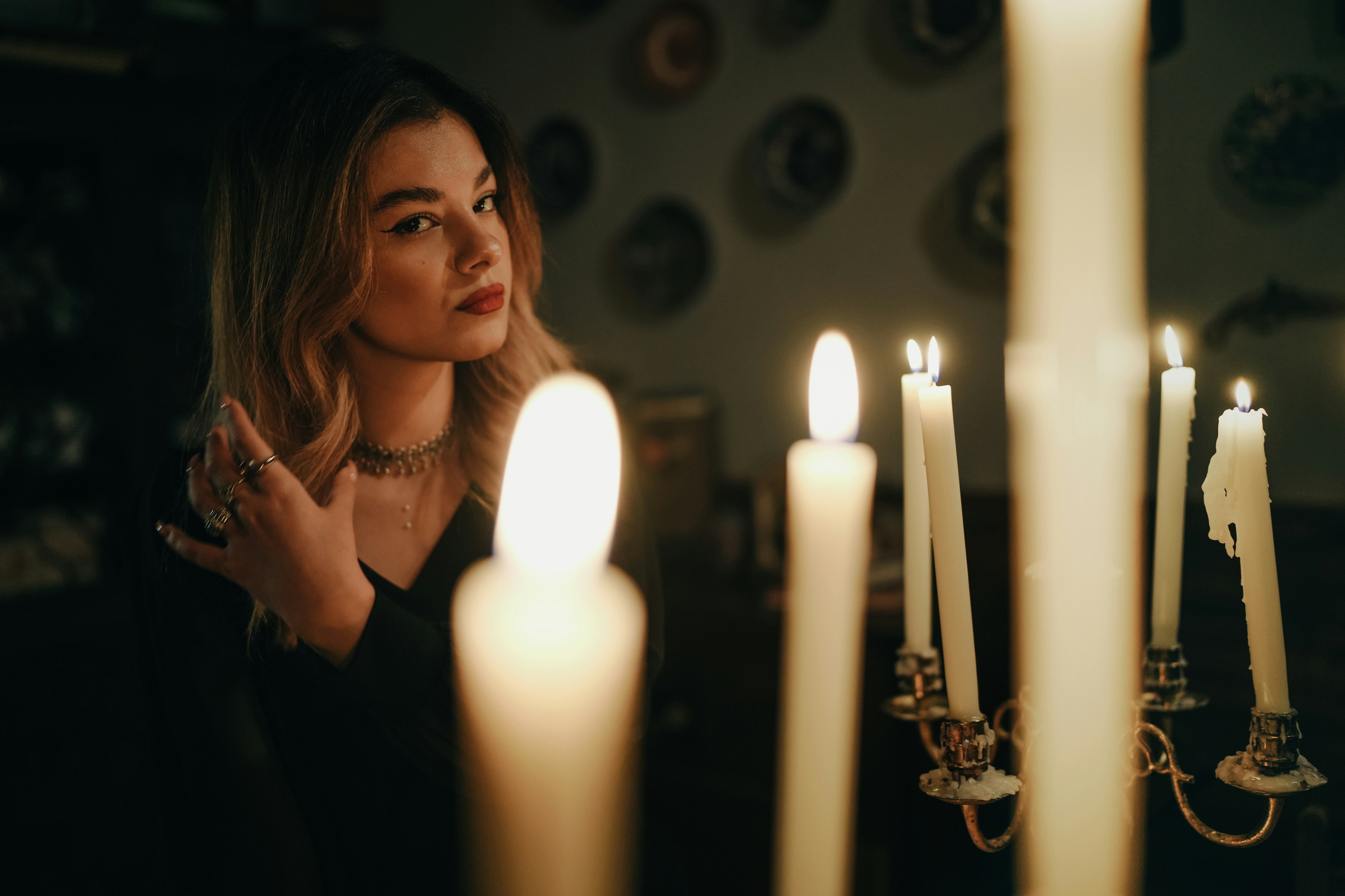 Candlelit Gaze in a Velvet Studio