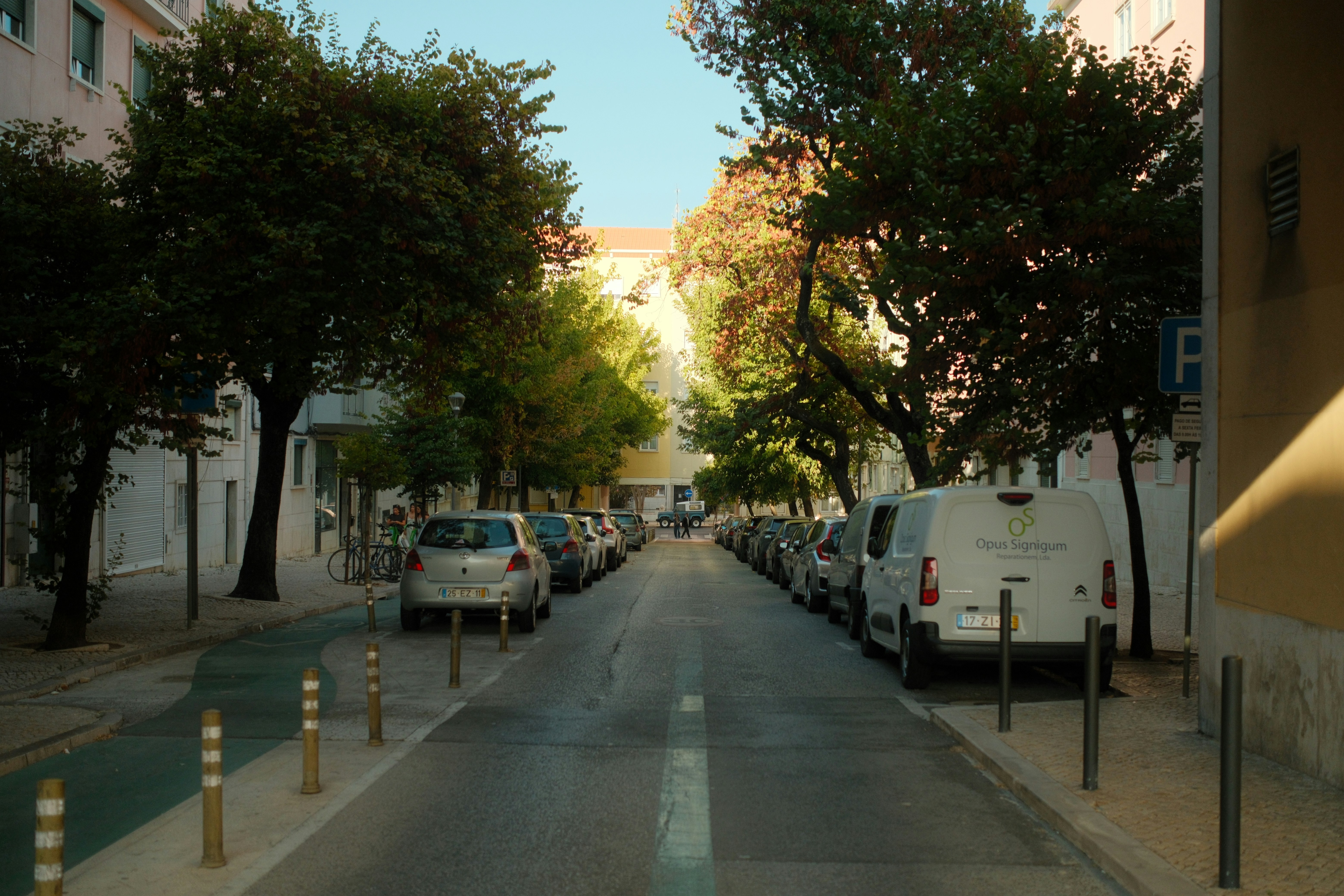 Line of Quiet Traffic: A Sunlit Street Tucked Between Buildings
