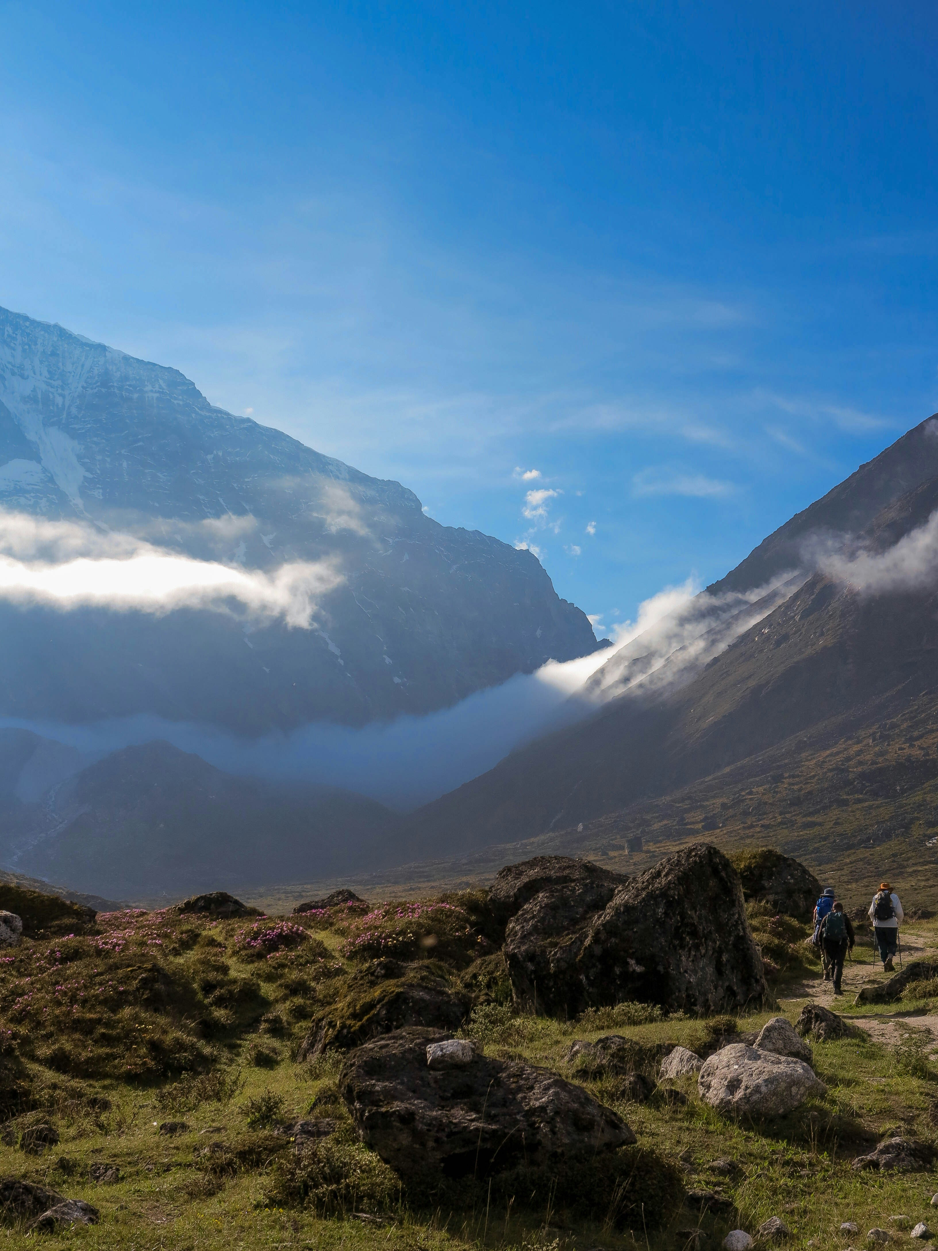 Hikers Trek Through a Misty Alpine Valley