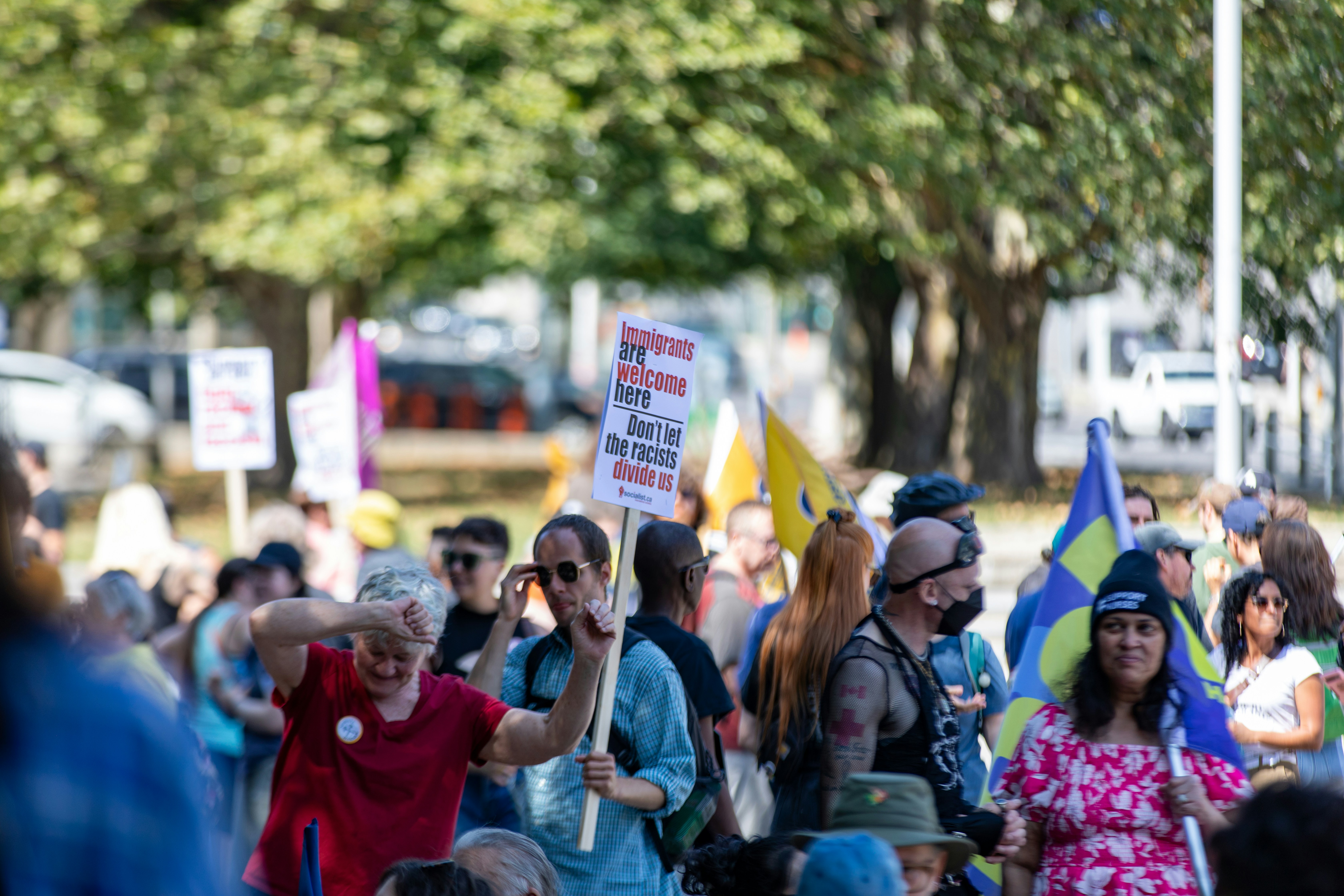 Vibrant crowd scene with protest signs and diverse participants in a park-like setting, bathed in daylight. This is a candid street photograph capturing collective energy.