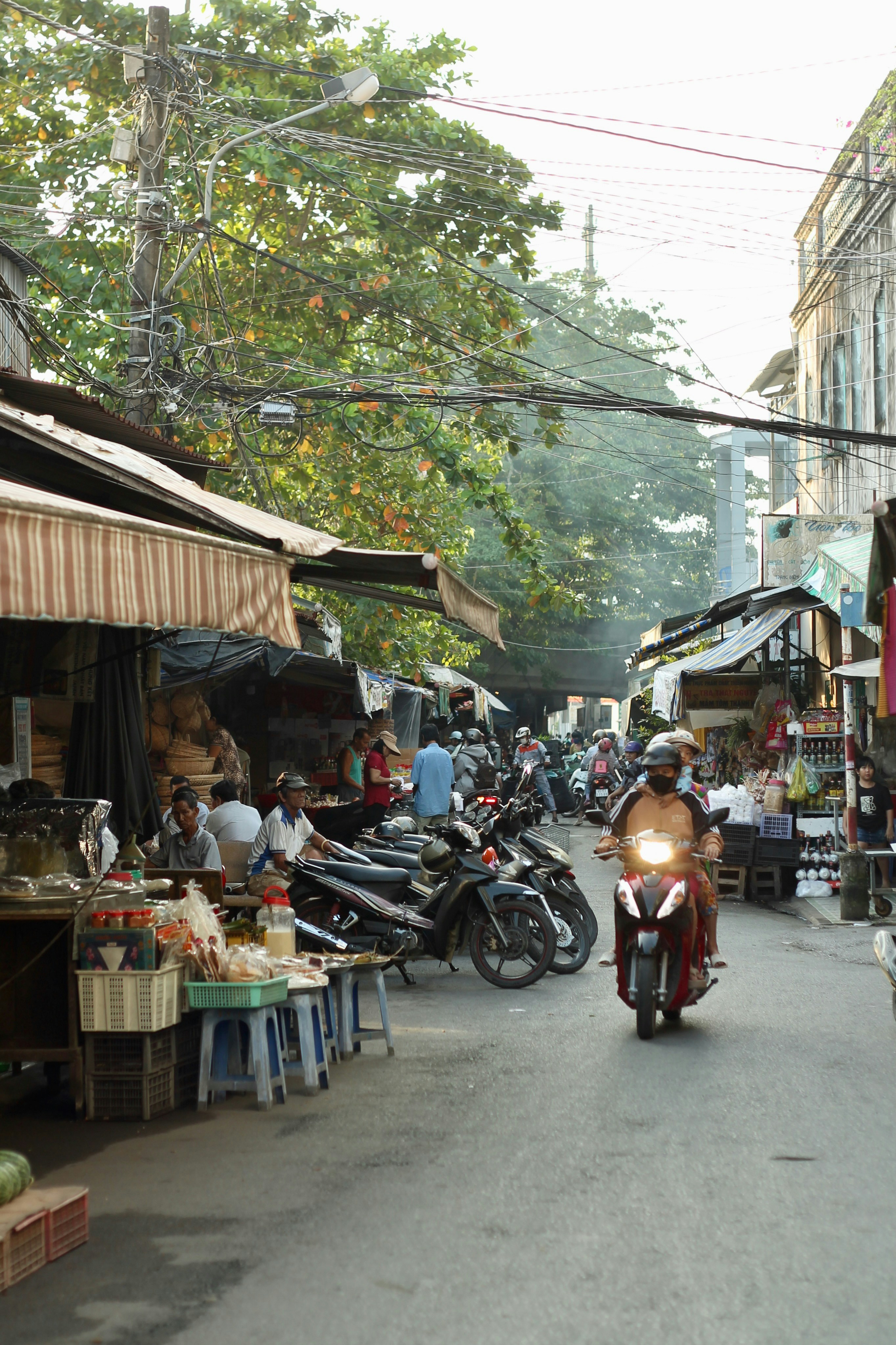 Lane of Lanterns: Motorbike Glides Through a Busy Market Street