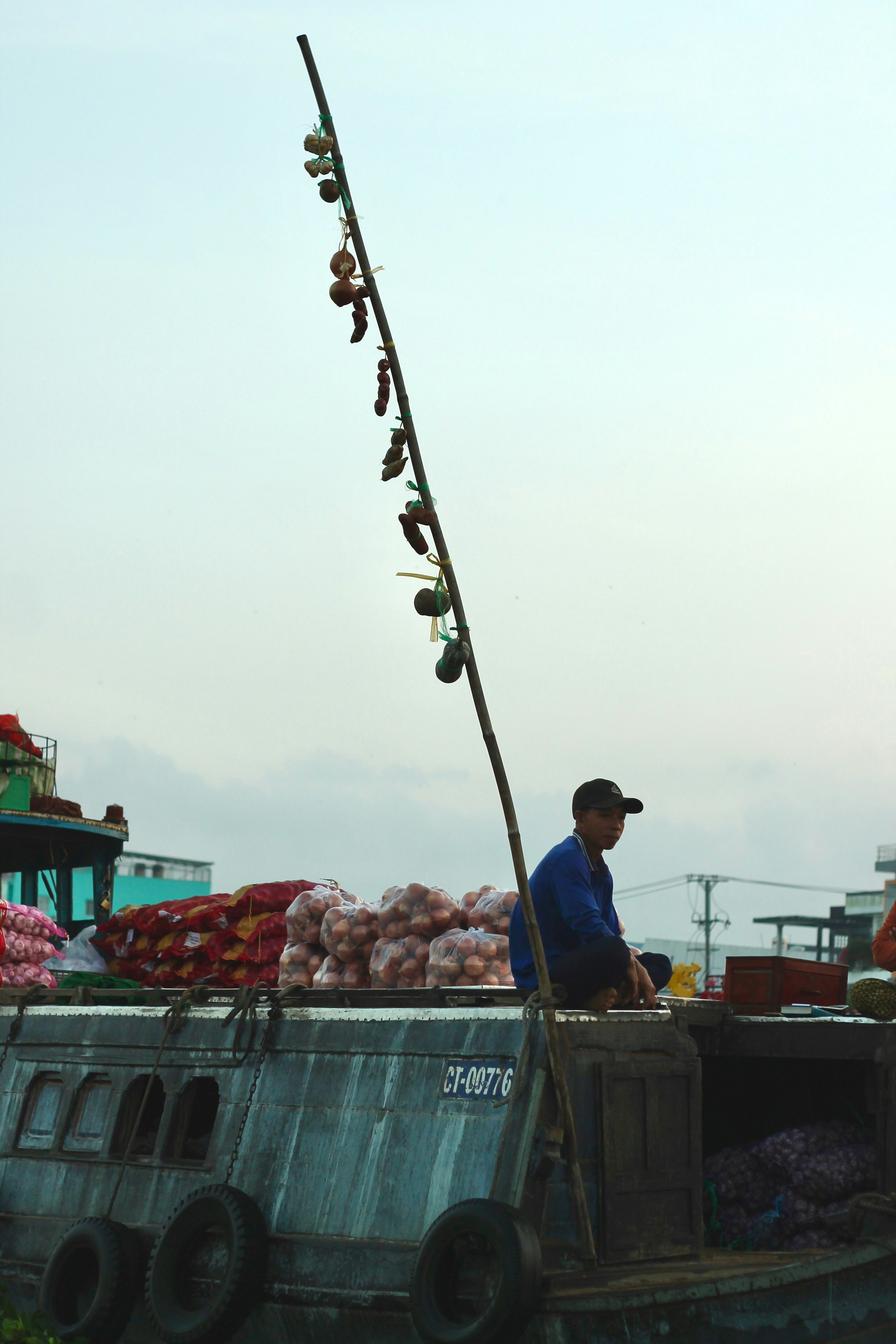 Pole of Produce: A Vendor Watches the Wharf