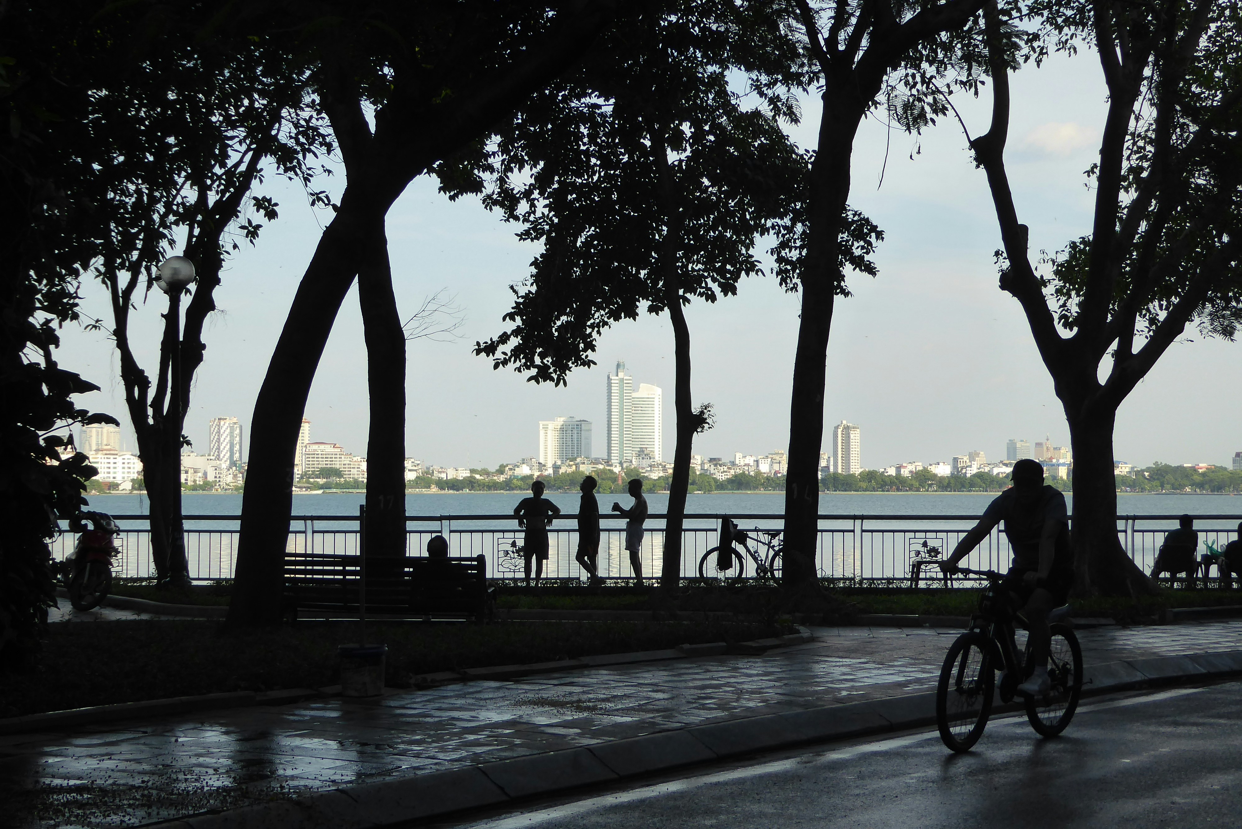 Shadows on the Seafront: Cyclist and Silhouettes by the River