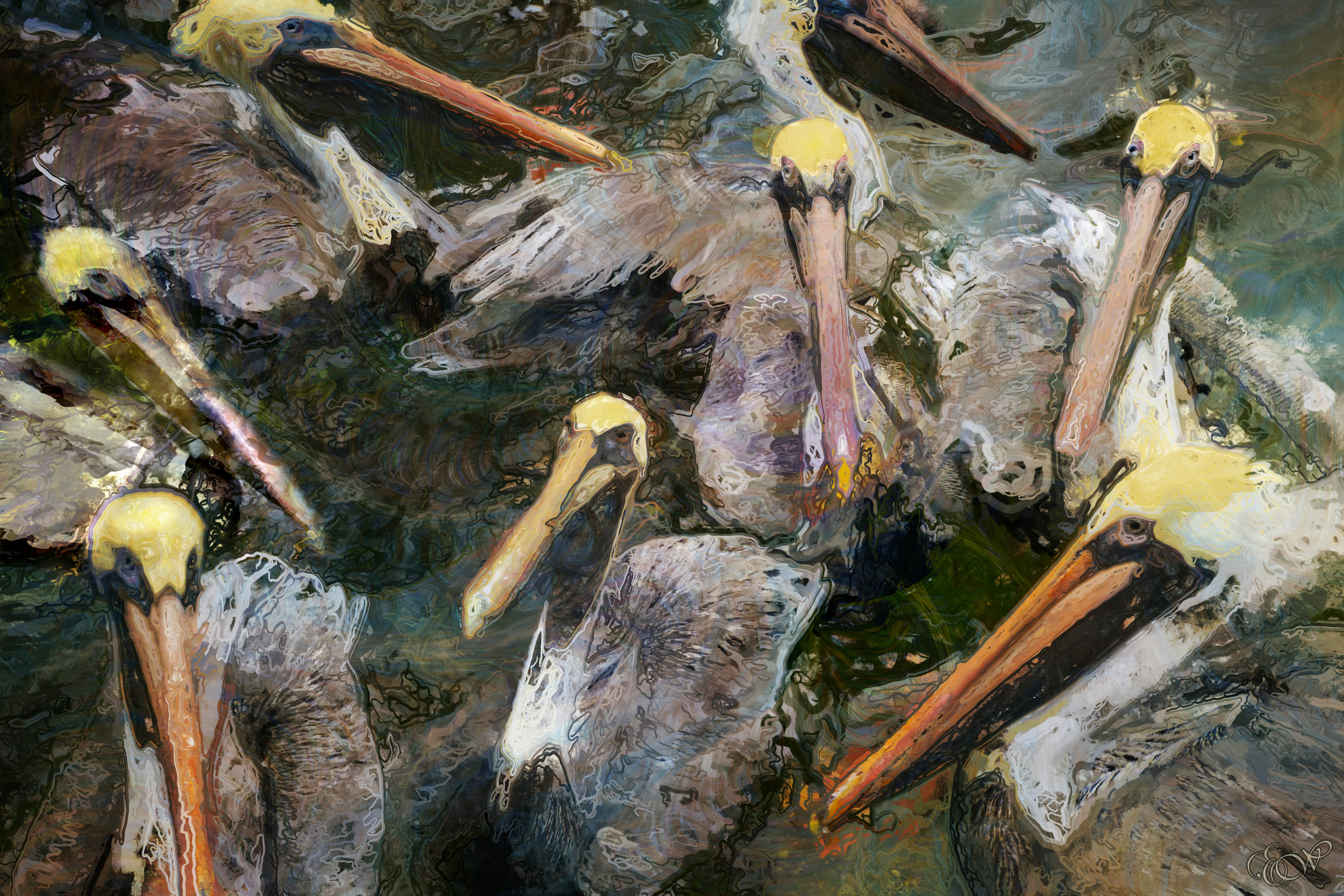 A dense flock of pelicans crowd the water’s edge, their beaks and heads forming a textured, painterly mass with soft, blended colors. This is a stylized depiction rather than a sharp photograph.