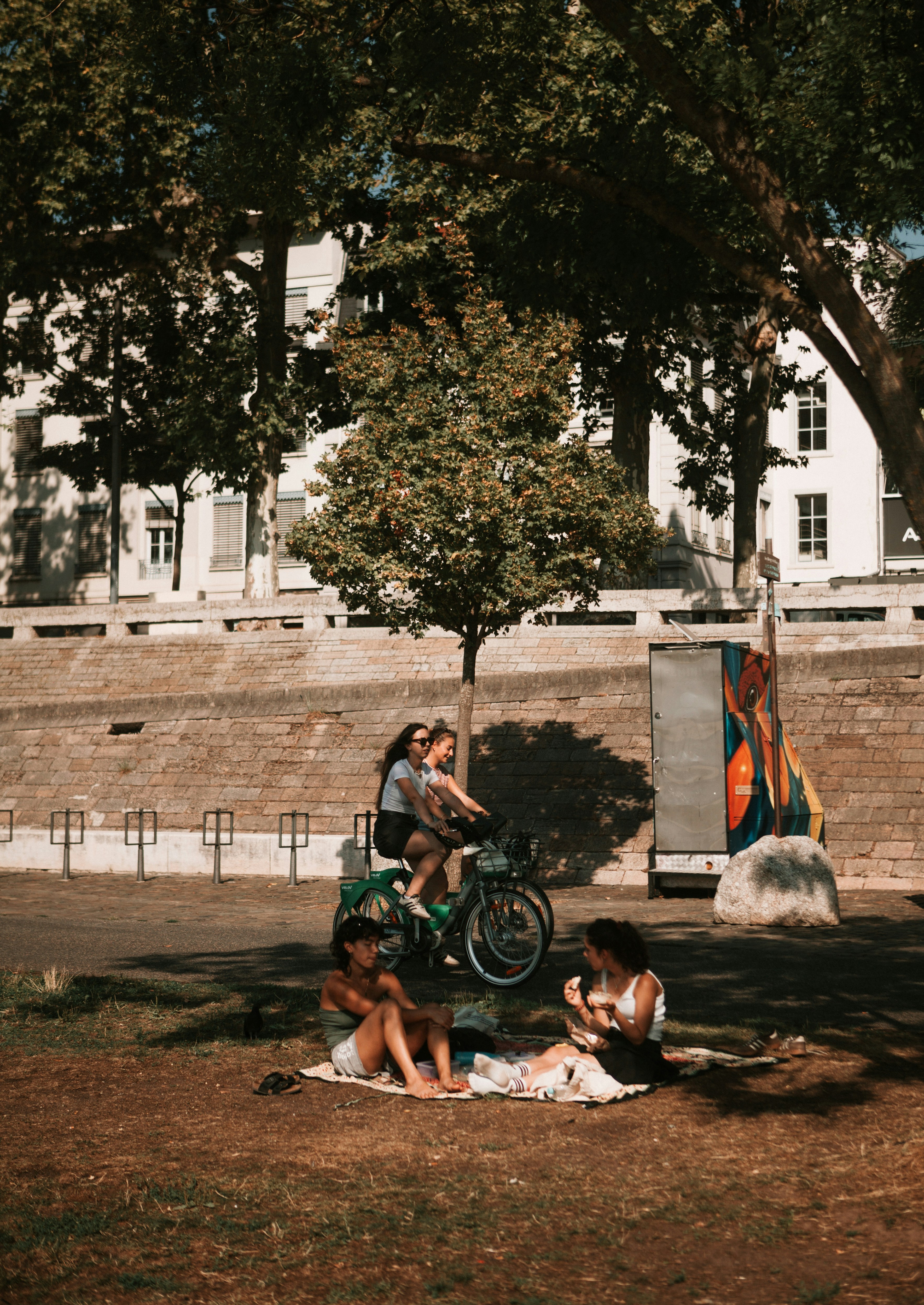 Sunlit Riverside Picnic: A Quiet Moment Amid Urban Swim of Life